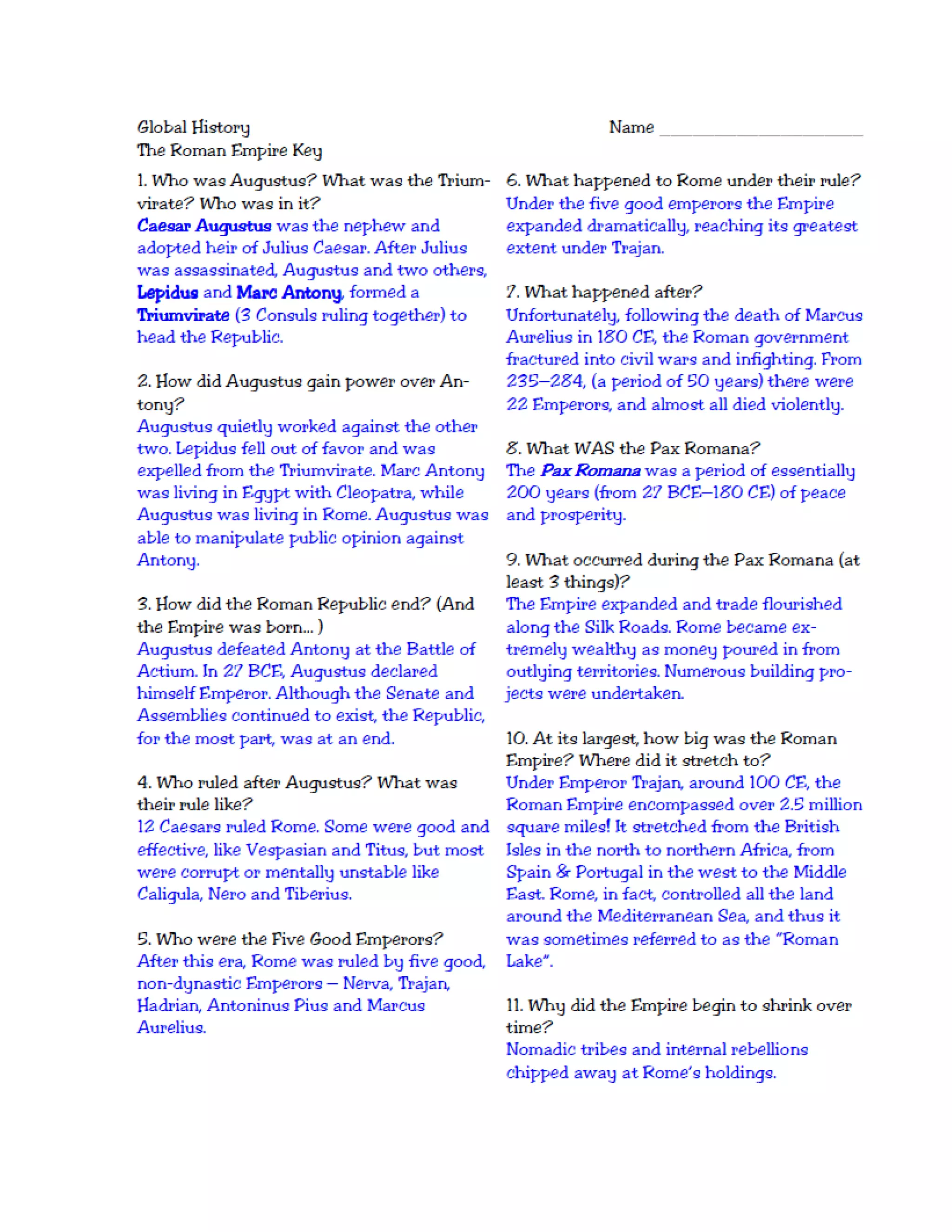 Roman empire handout and key | DOCX