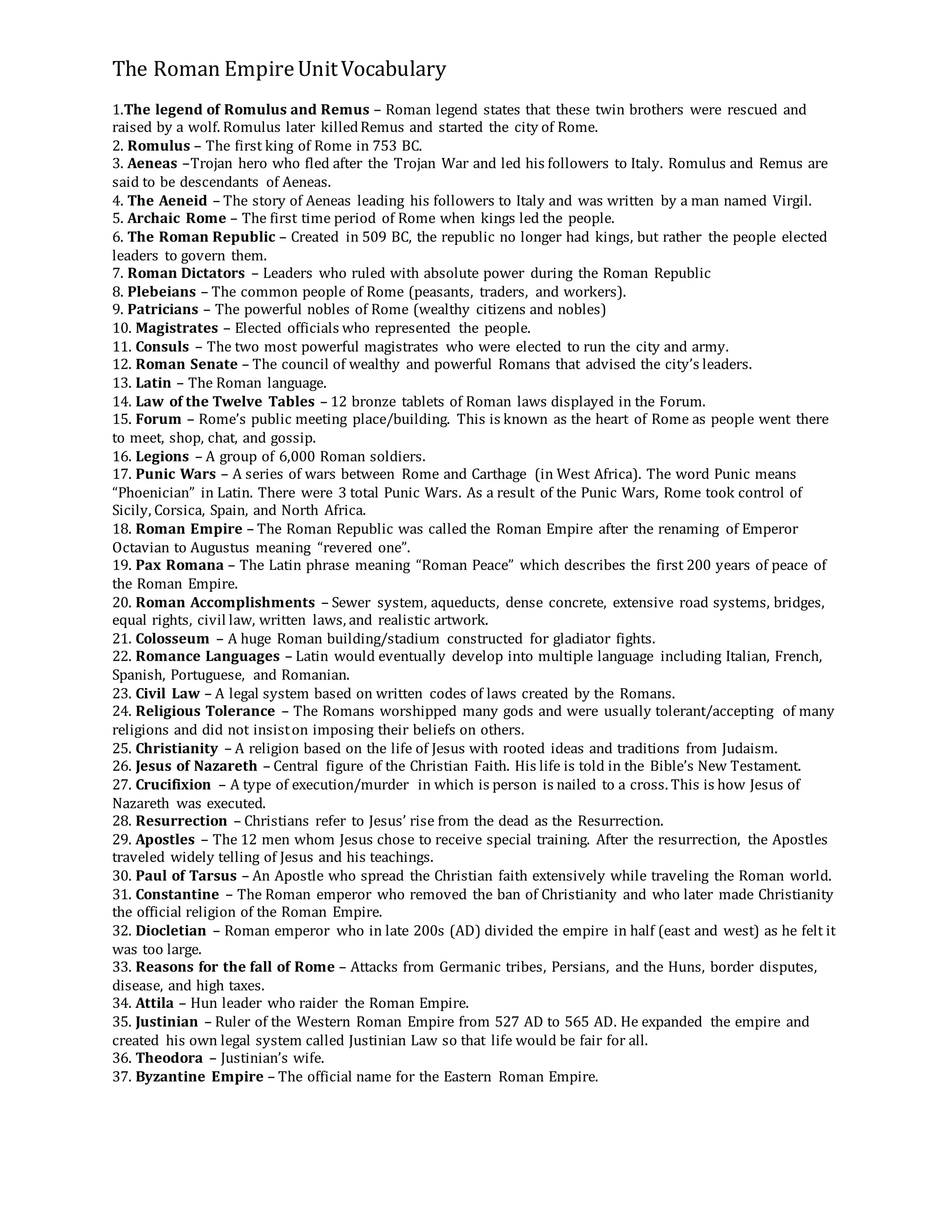 Roman Empire unit vocabulary | DOCX