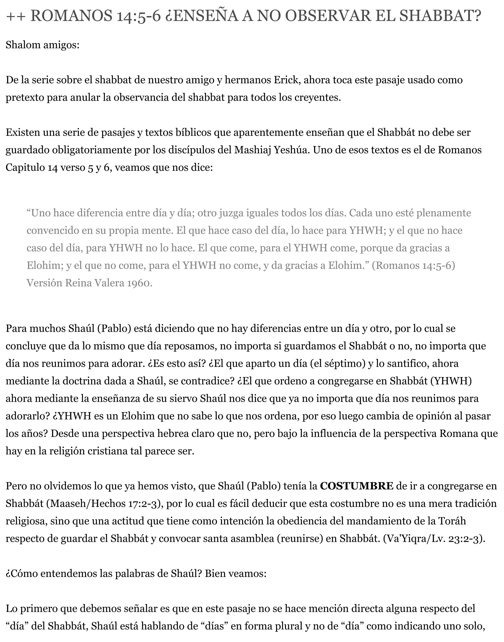 Romanos 14:5 6 ¿enseña a no observar el shabbat? | PDF