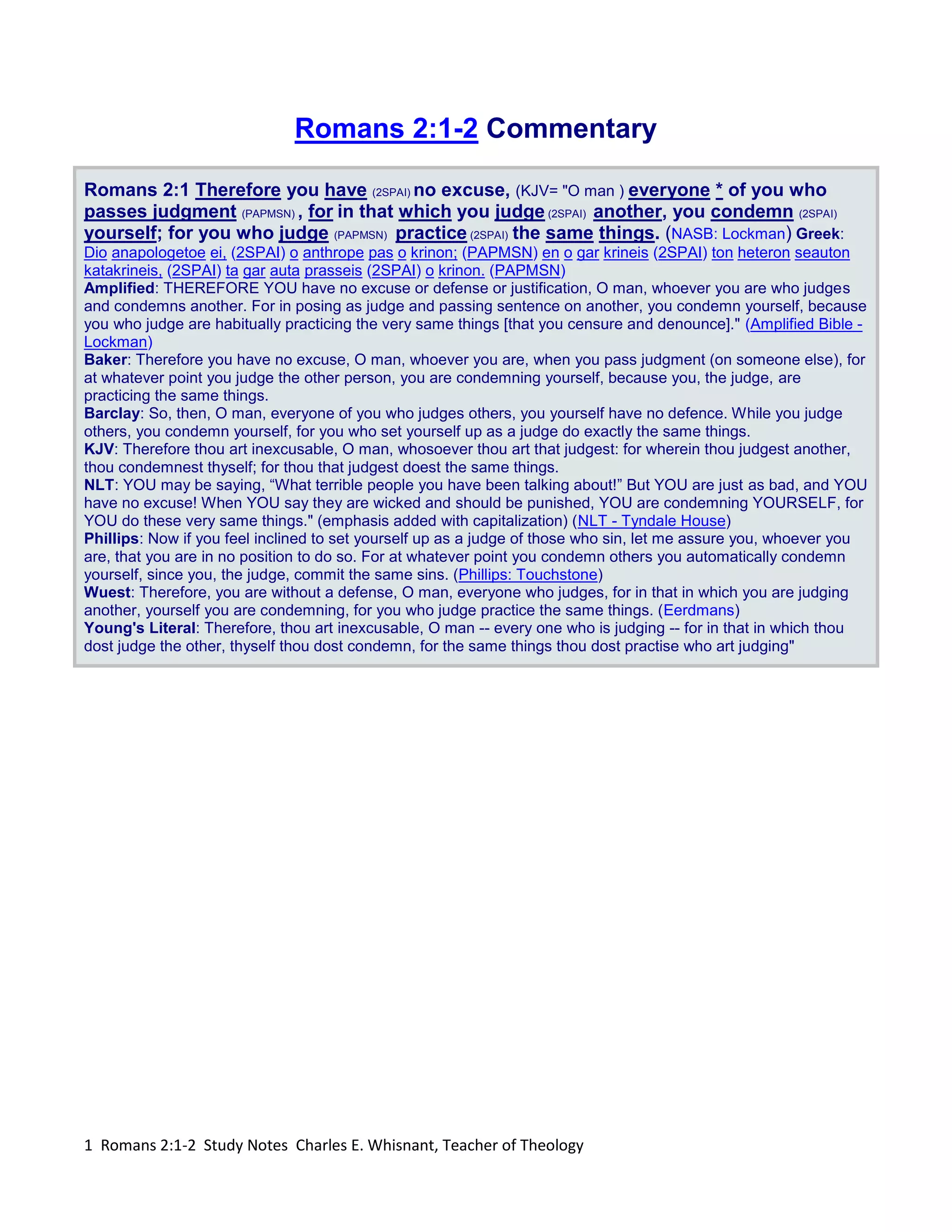 Romans 2 notes 1 & 2 | DOCX
