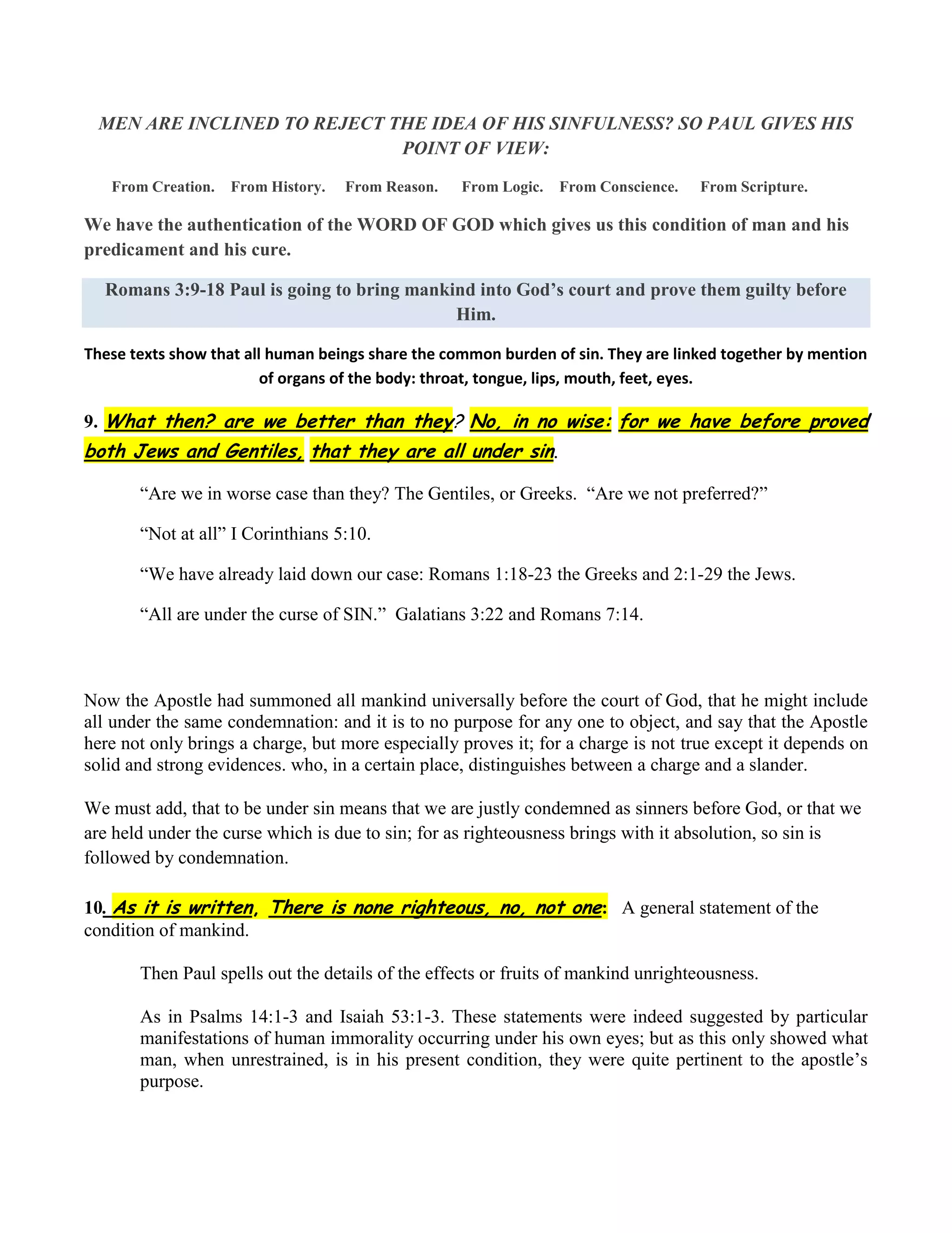 Romans 3 vs 9 outline 07 11 10 the condition that mankind is in today | PDF