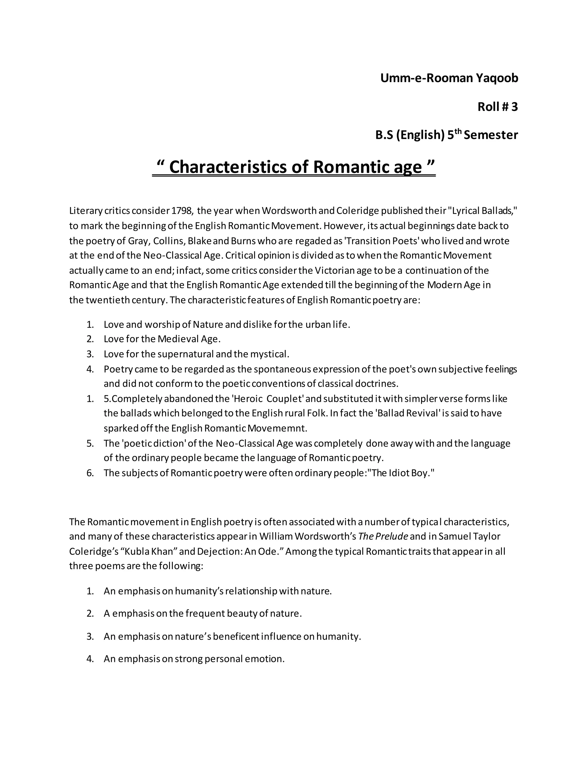 Features of Romanticism | DOCX