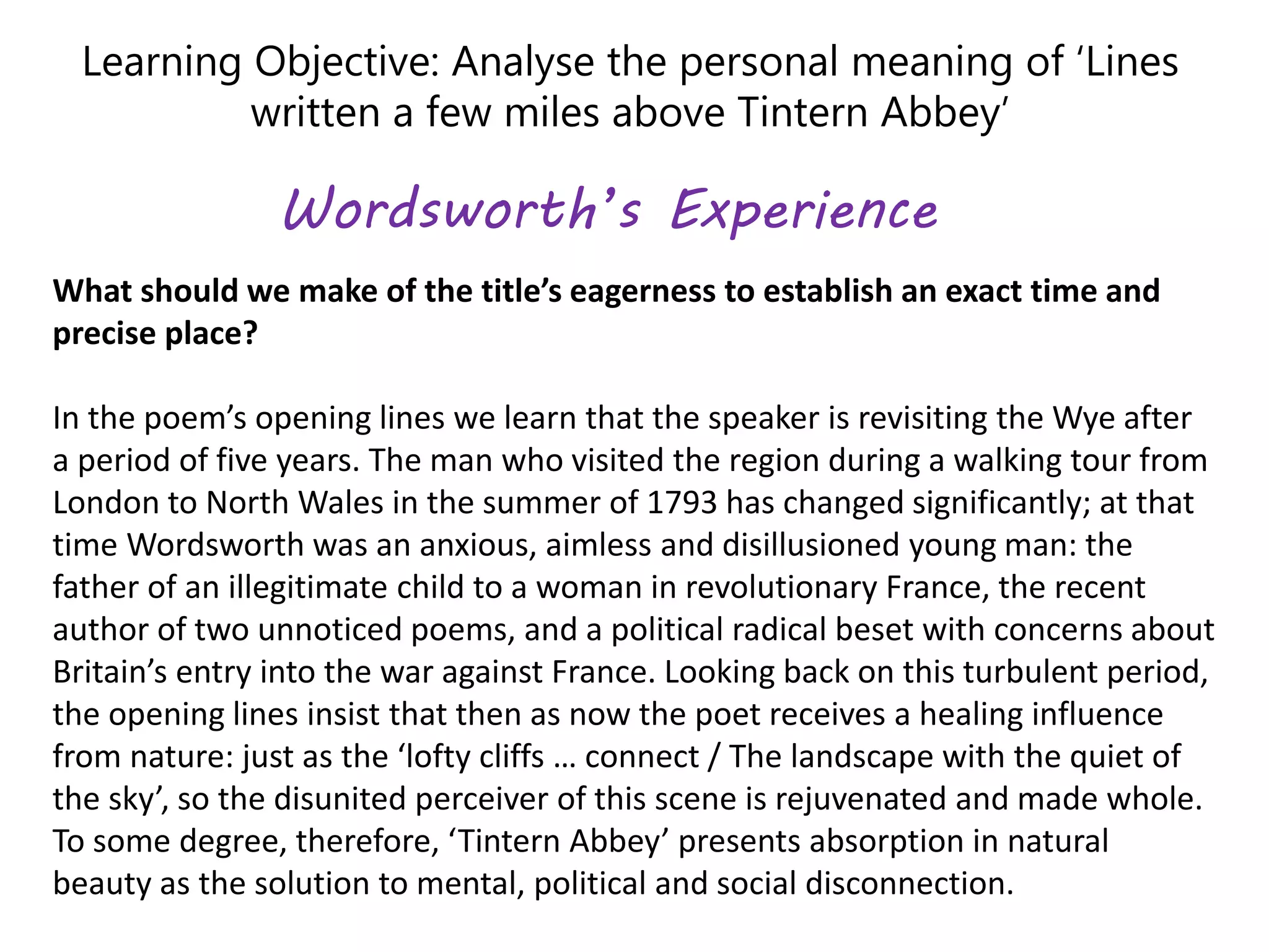 Romantic Poetry: 'Lines written a few miles above Tintern Abbey' | PPTX