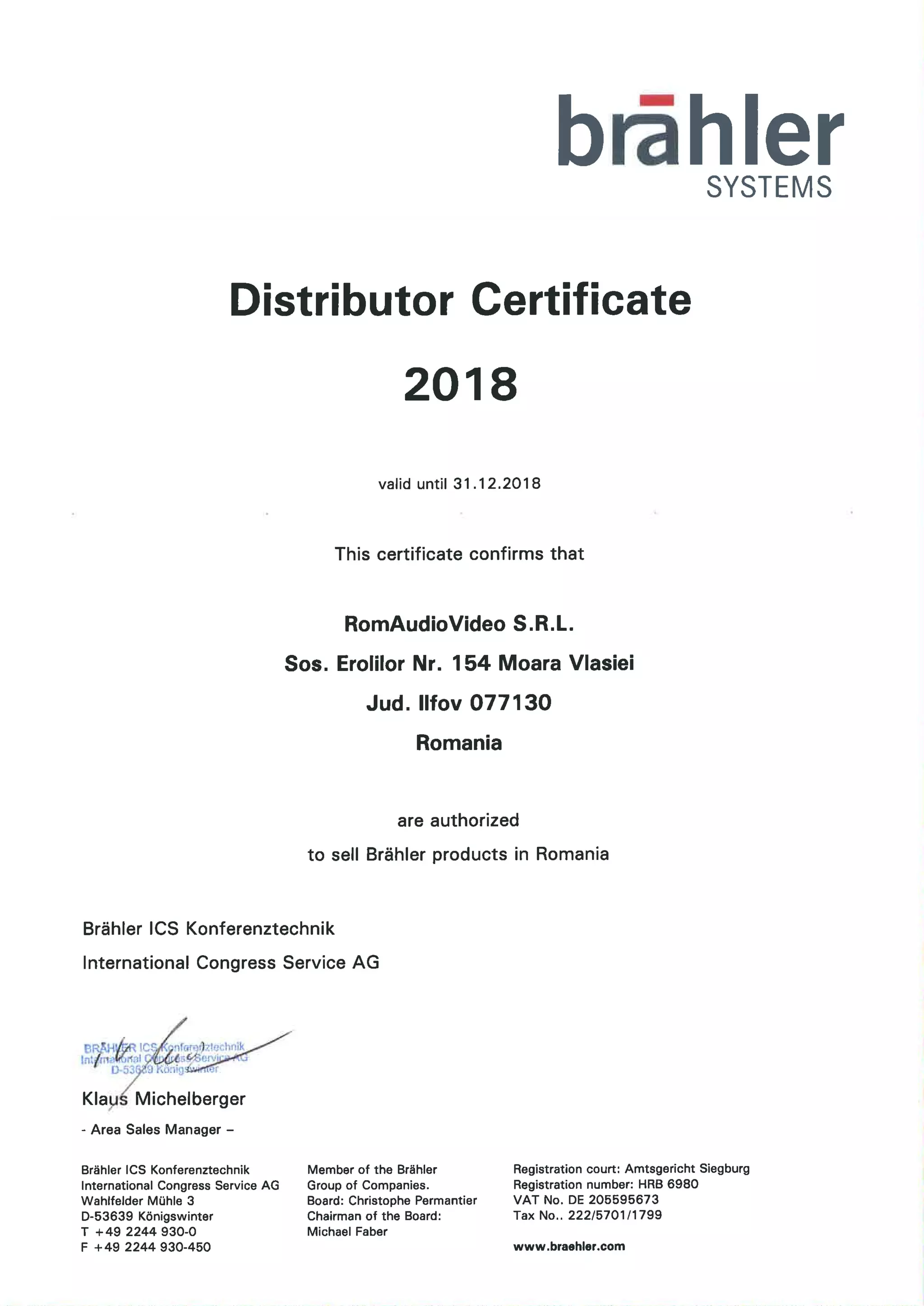 Romaudiovideo - Distribuitor Brahler in Romania - Certificat 2018 | PDF