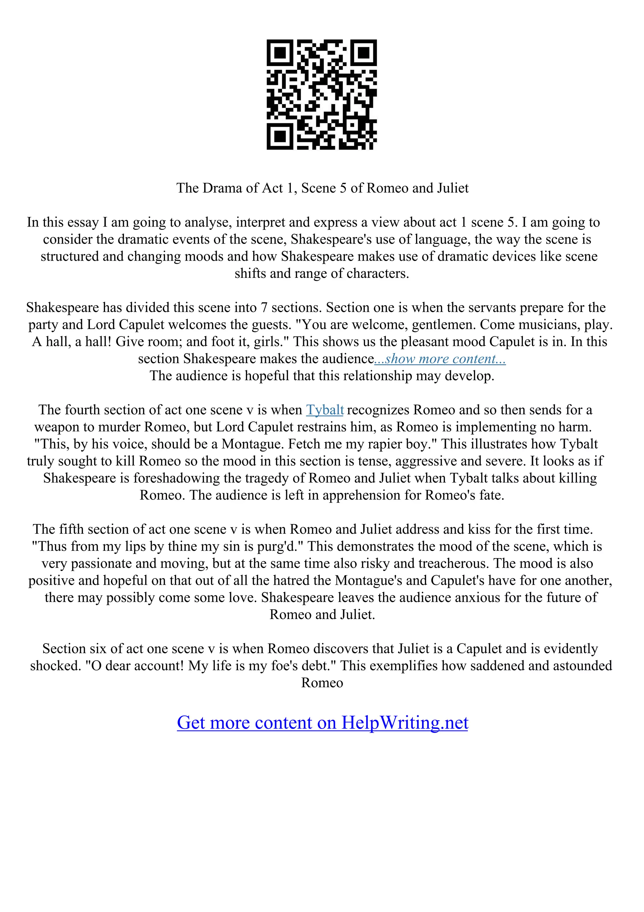 Romeo And Juliet Act 1 Scene 5 Essay | PDF