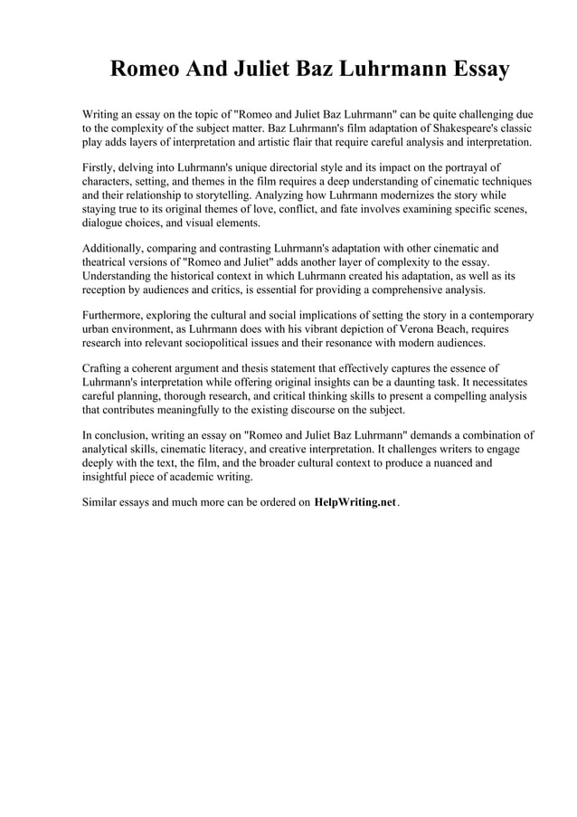 Romeo And Juliet Baz Luhrmann Essay. Norco College | PDF | Movies | Entertainment