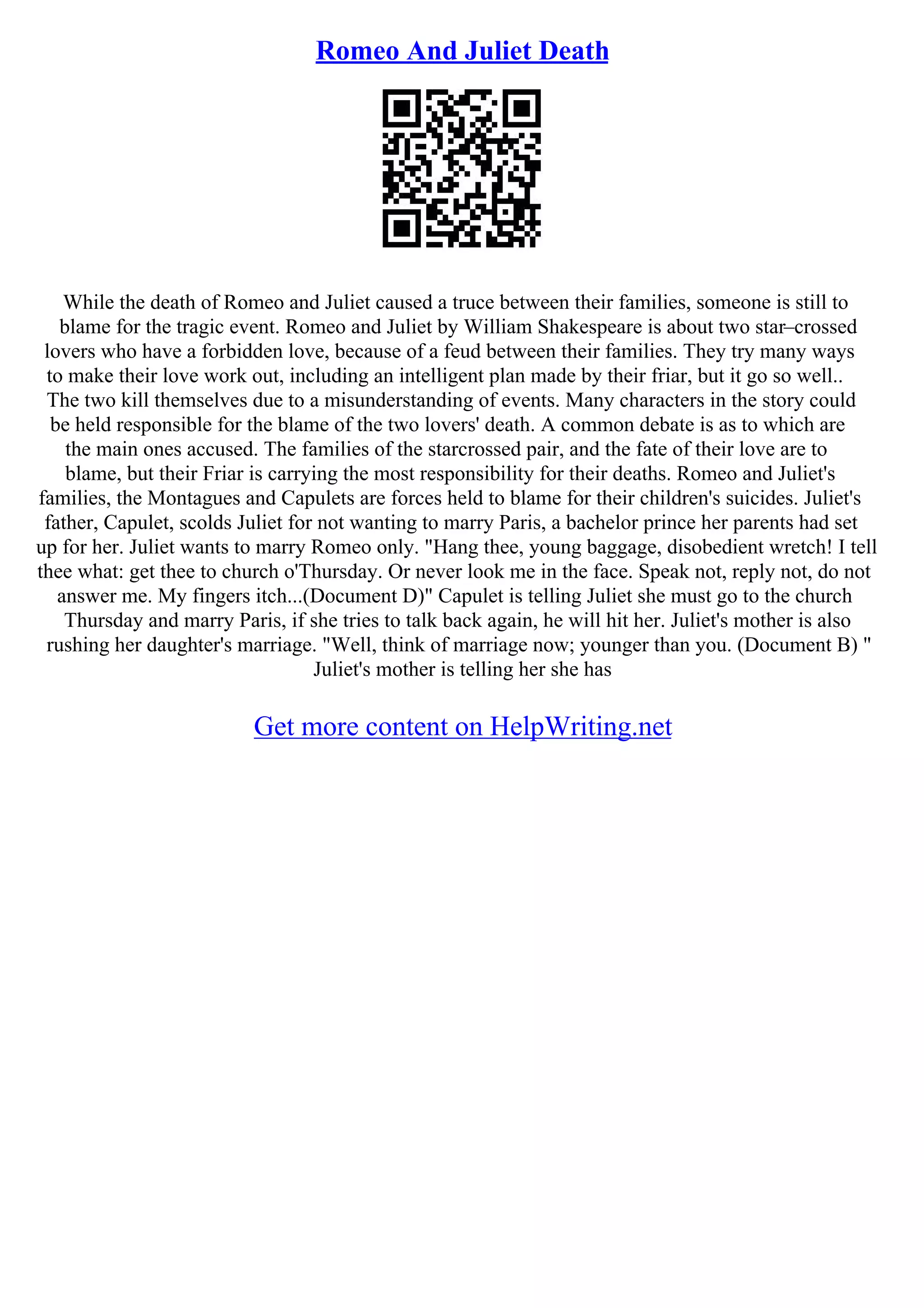 Romeo And Juliet Death Essay | PDF