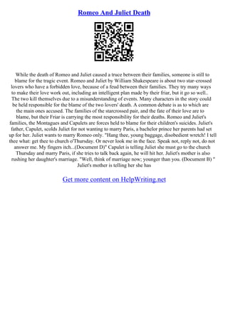 Romeo And Juliet Death Essay | PDF