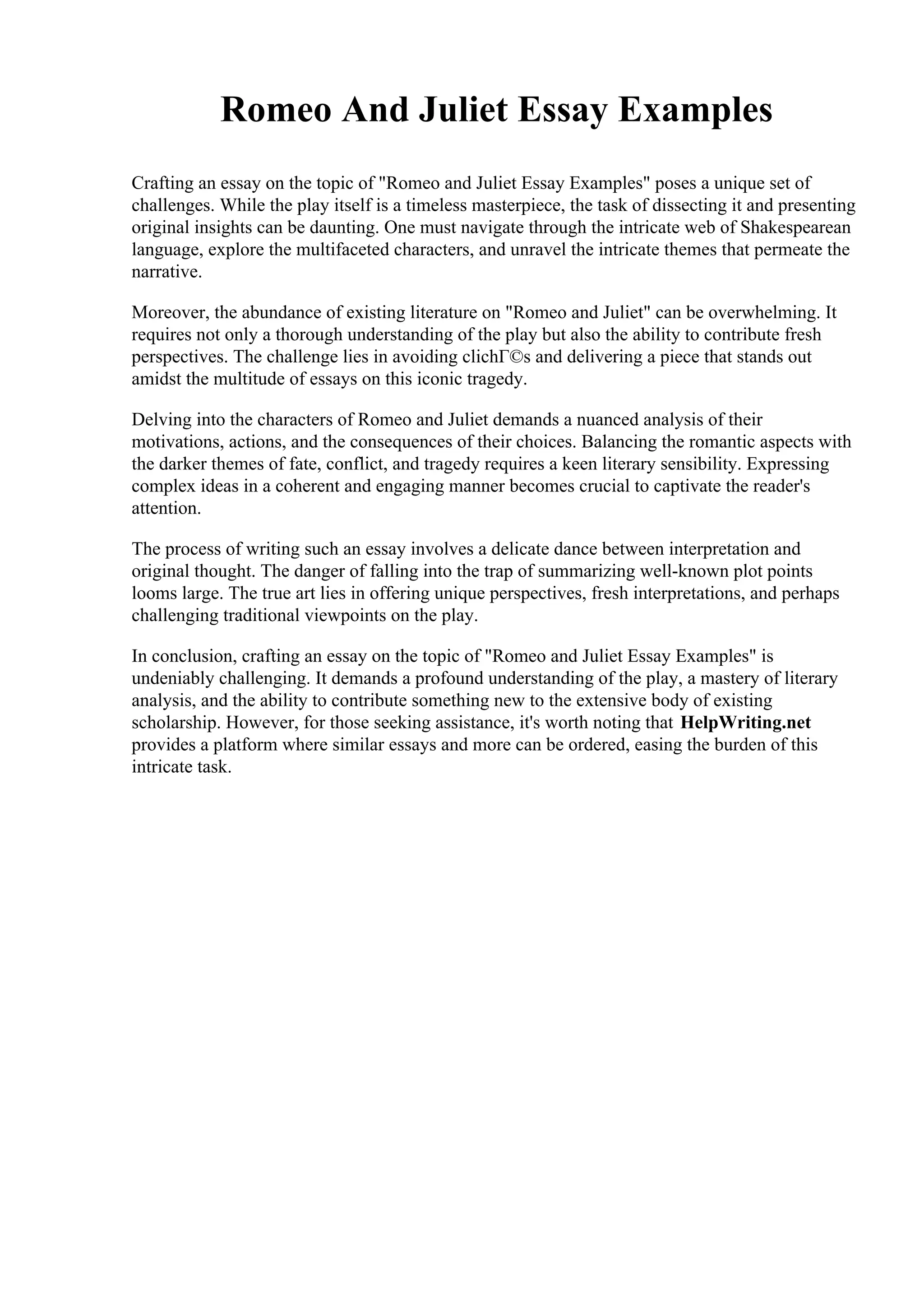 Romeo And Juliet Essay Examples. University of Michigan | PDF