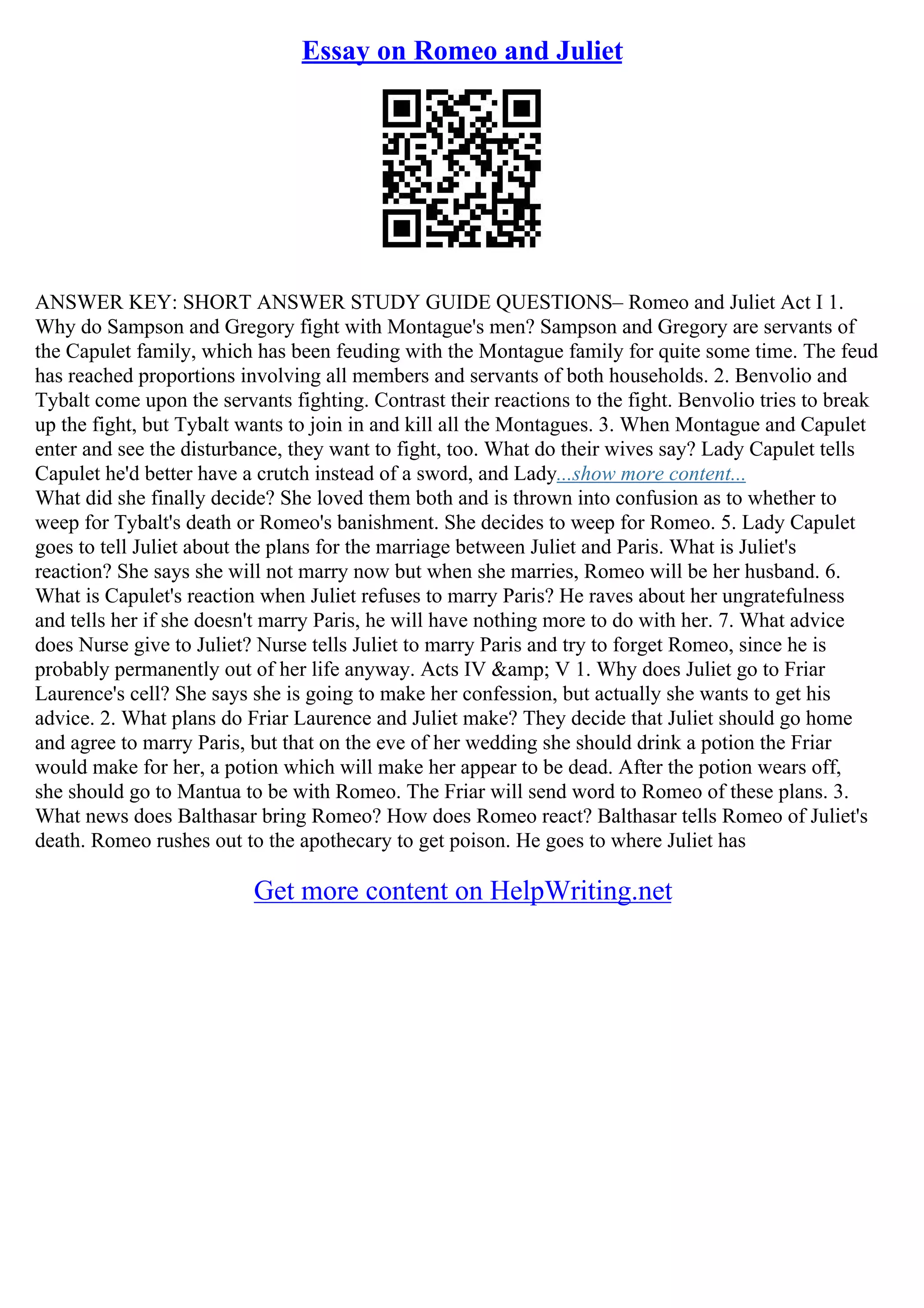 Romeo And Juliet Essay Question | PDF