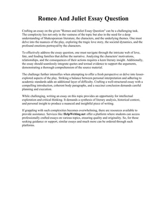 Romeo And Juliet Essay Question. Williams Baptist College | PDF