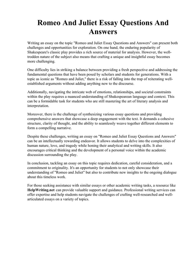 Romeo And Juliet Essay Questions And Answers.pdf | Eye and Vision ...