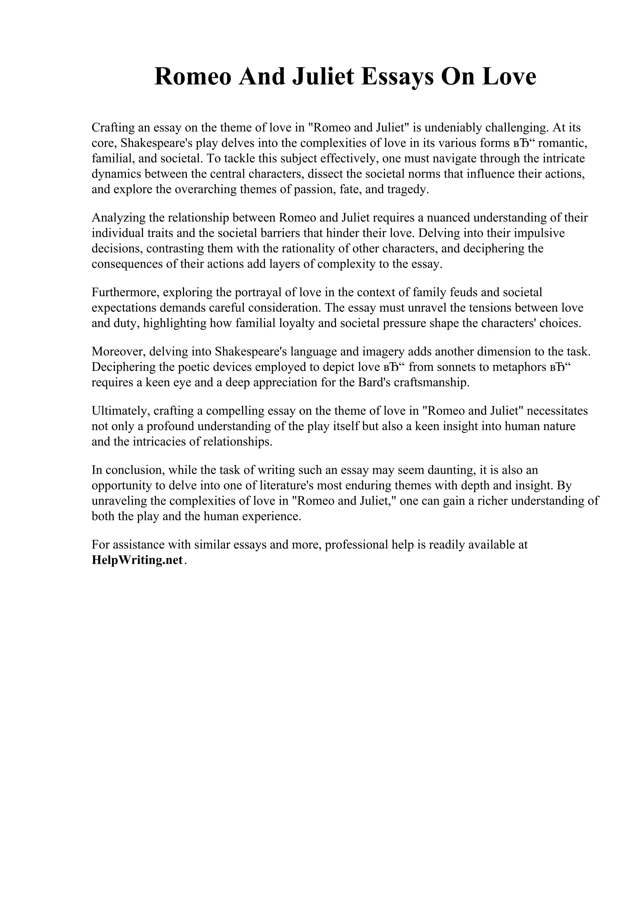 Romeo And Juliet Essays On Love. Indian River State College | PDF