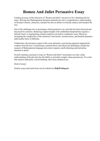 Romeo And Juliet Persuasive Essay. Romeo and Juliet Essay PDF | PDF