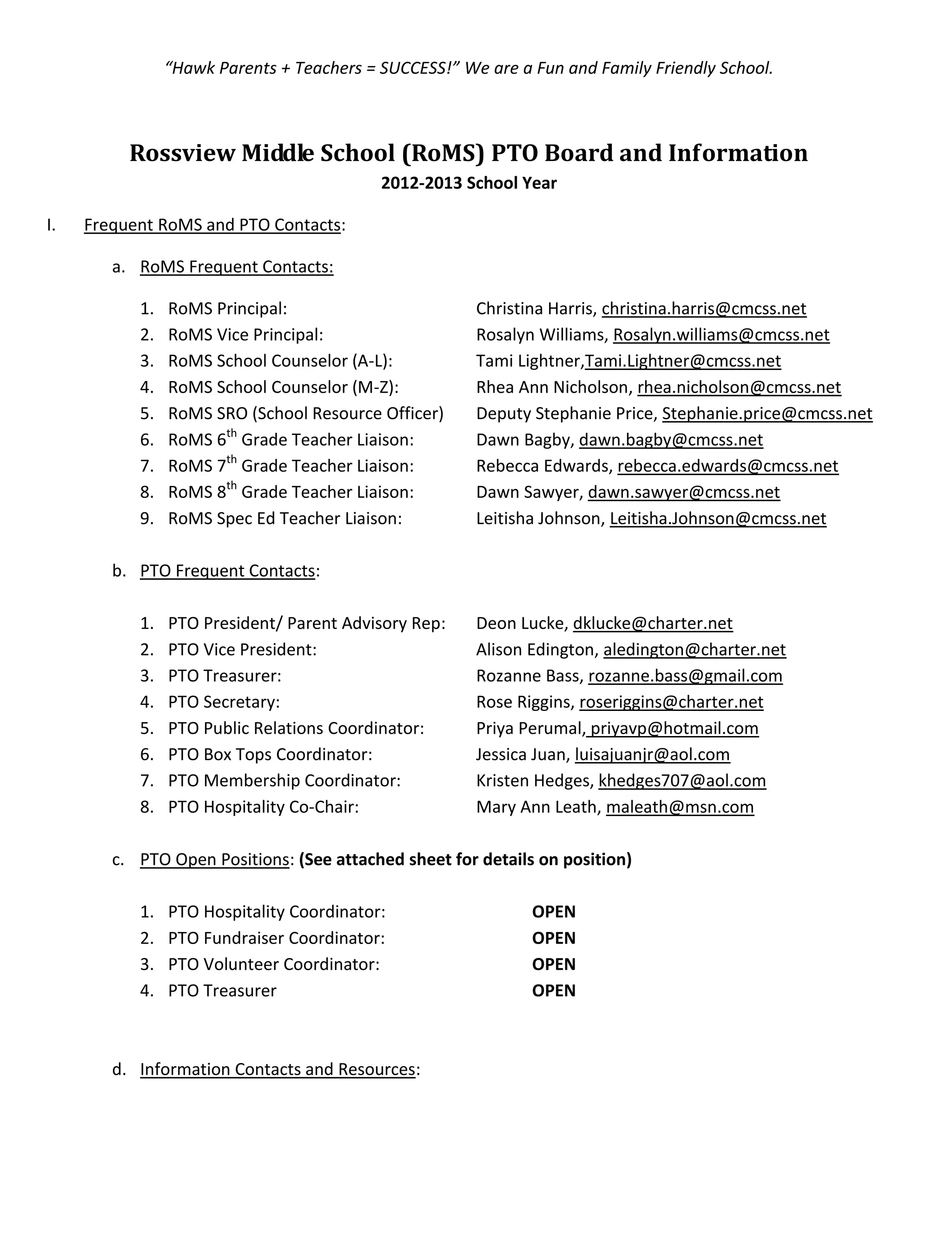 Rossview Middle School PTO infomation sheet 2012-13 | PDF