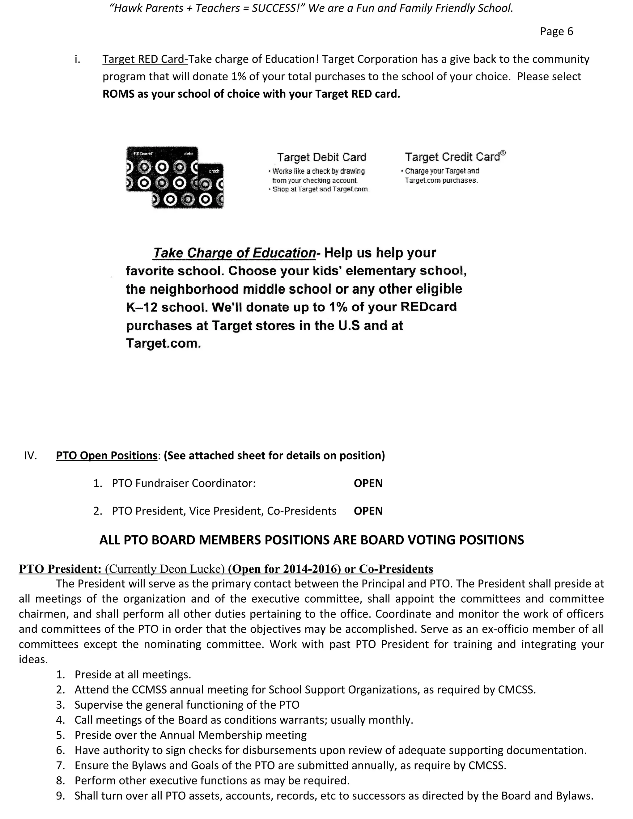 Ro ms pto welcome packet with pto open board positions 2014 2015 school ...