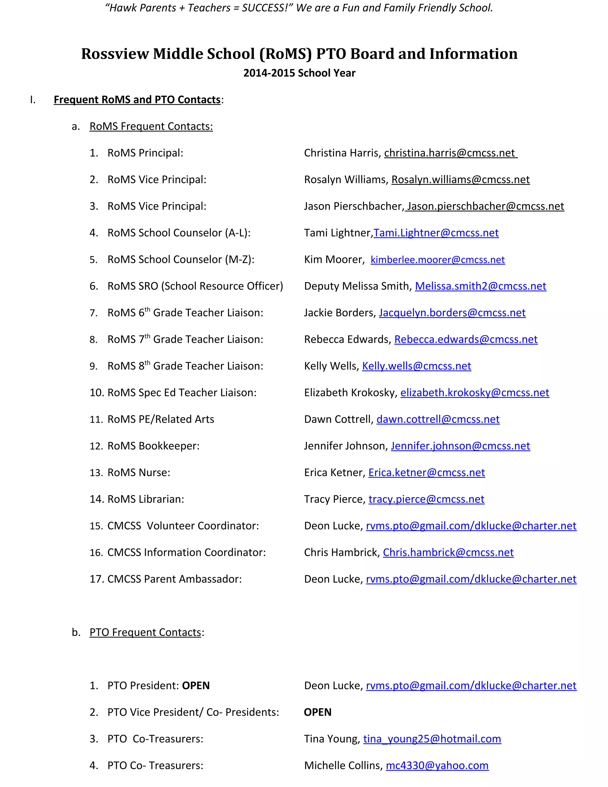 Ro ms pto welcome packet with pto open board positions 2014 2015 school ...