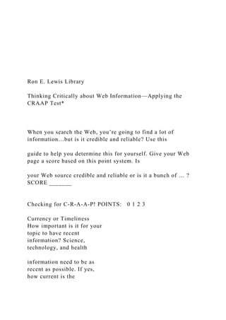 Ron E. Lewis Library Thinking Critically about Web I.docx