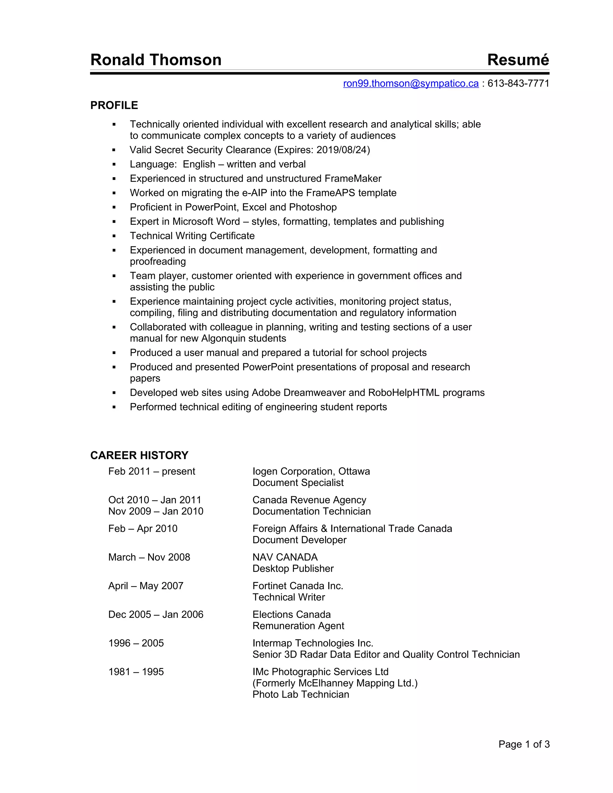 Ron Thomson Resume June2011 | DOC