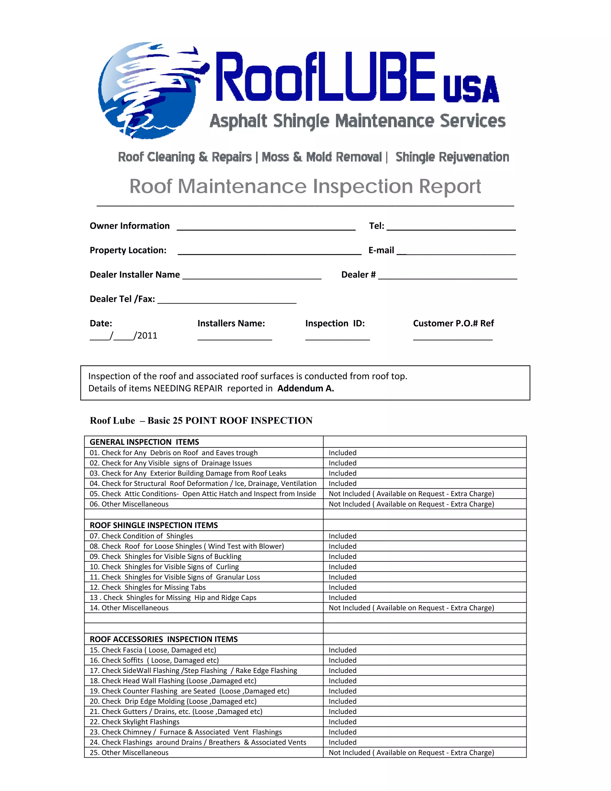Roof lube 25 point inspection & dealer installer bundles | PDF