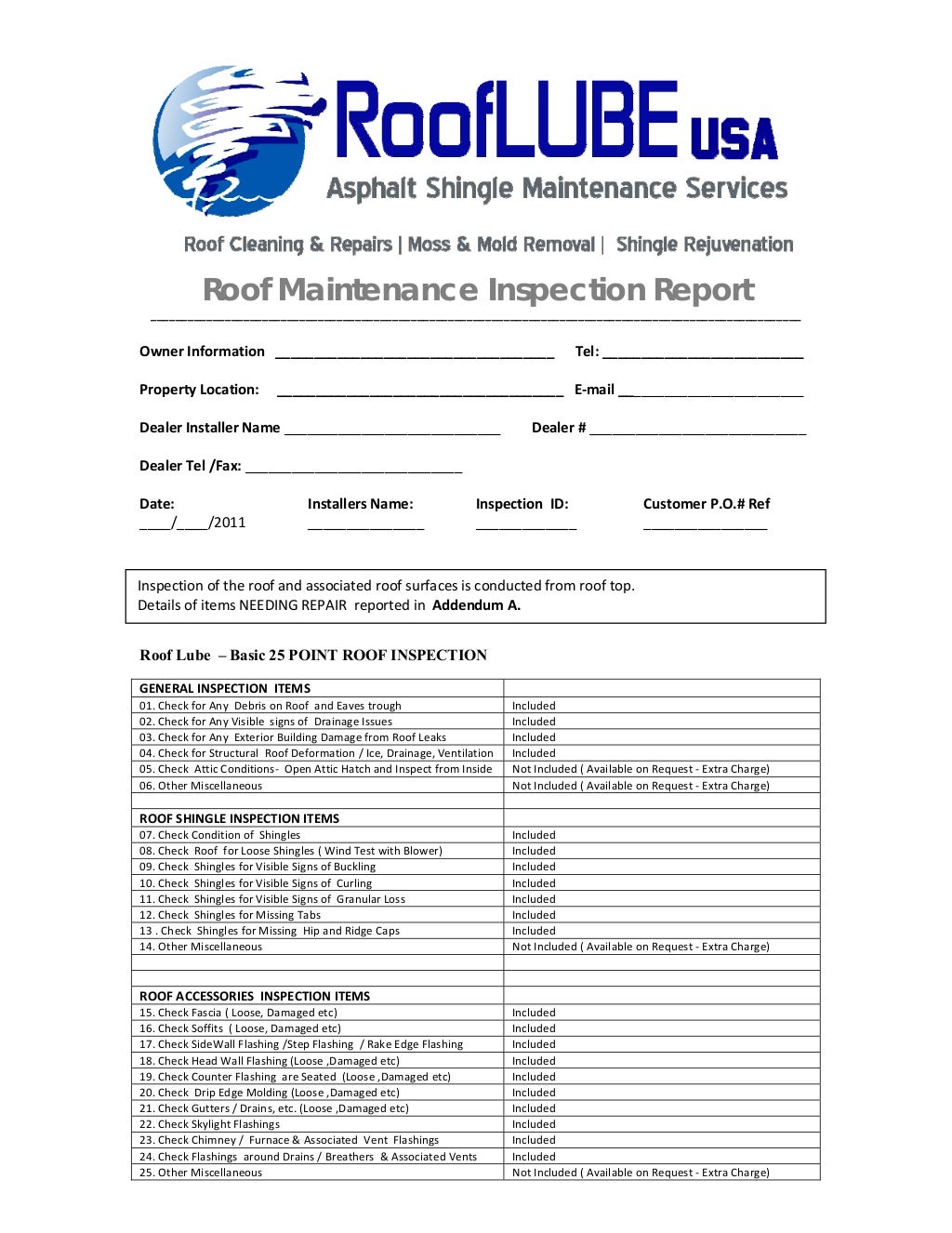 Roof lube 25 point inspection & dealer installer bundles Roof lube 25 point inspection & dealer installer bundles