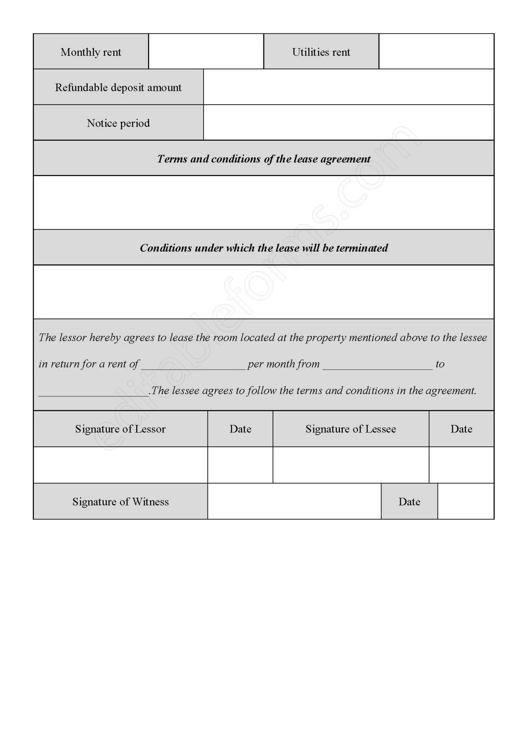 Room Lease Fillable PDF Template Download | PDF