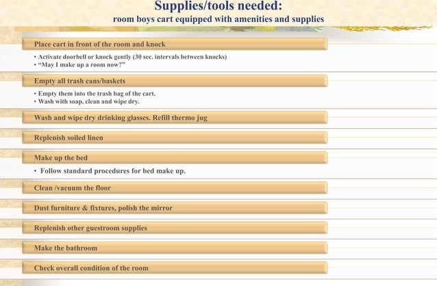 Room make up procedure | PPTX | Bath and Shower | Personal Care