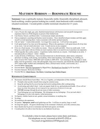 Matthew Robison's Roommate Resume--NYC 2013 | PDF