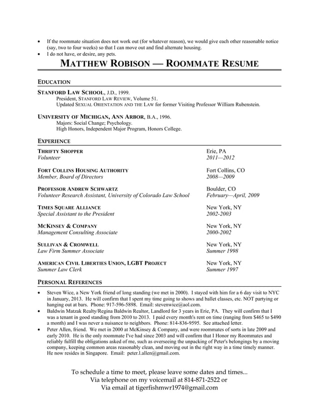 Matthew Robison's Roommate Resume--NYC 2013 | PDF