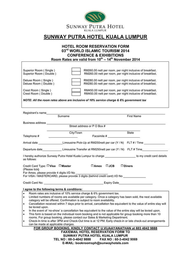 Hotel Reservation Form 03rd World Islamic Tourism 2014 Conference ...