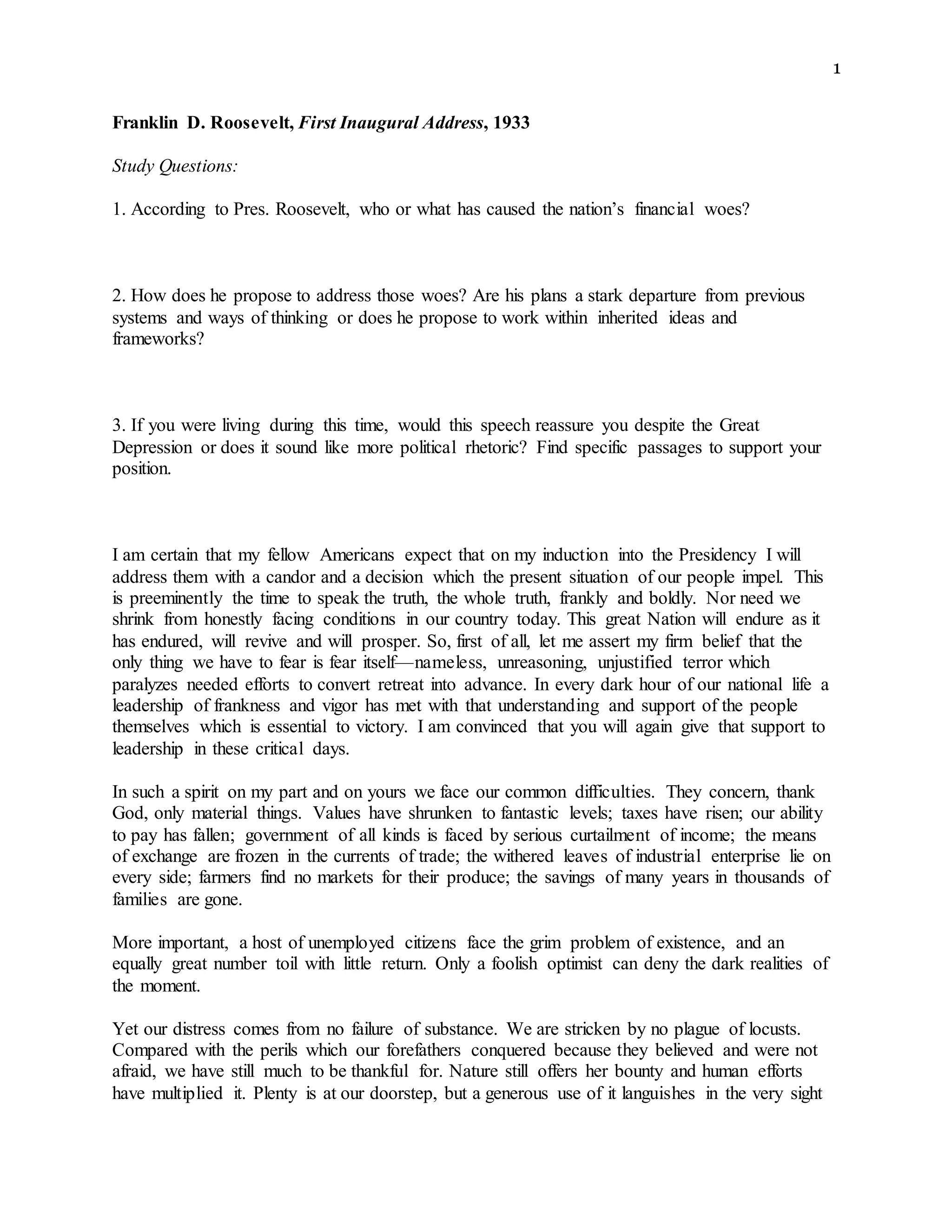 Roosevelt, first inaugural address, 1933 | DOCX