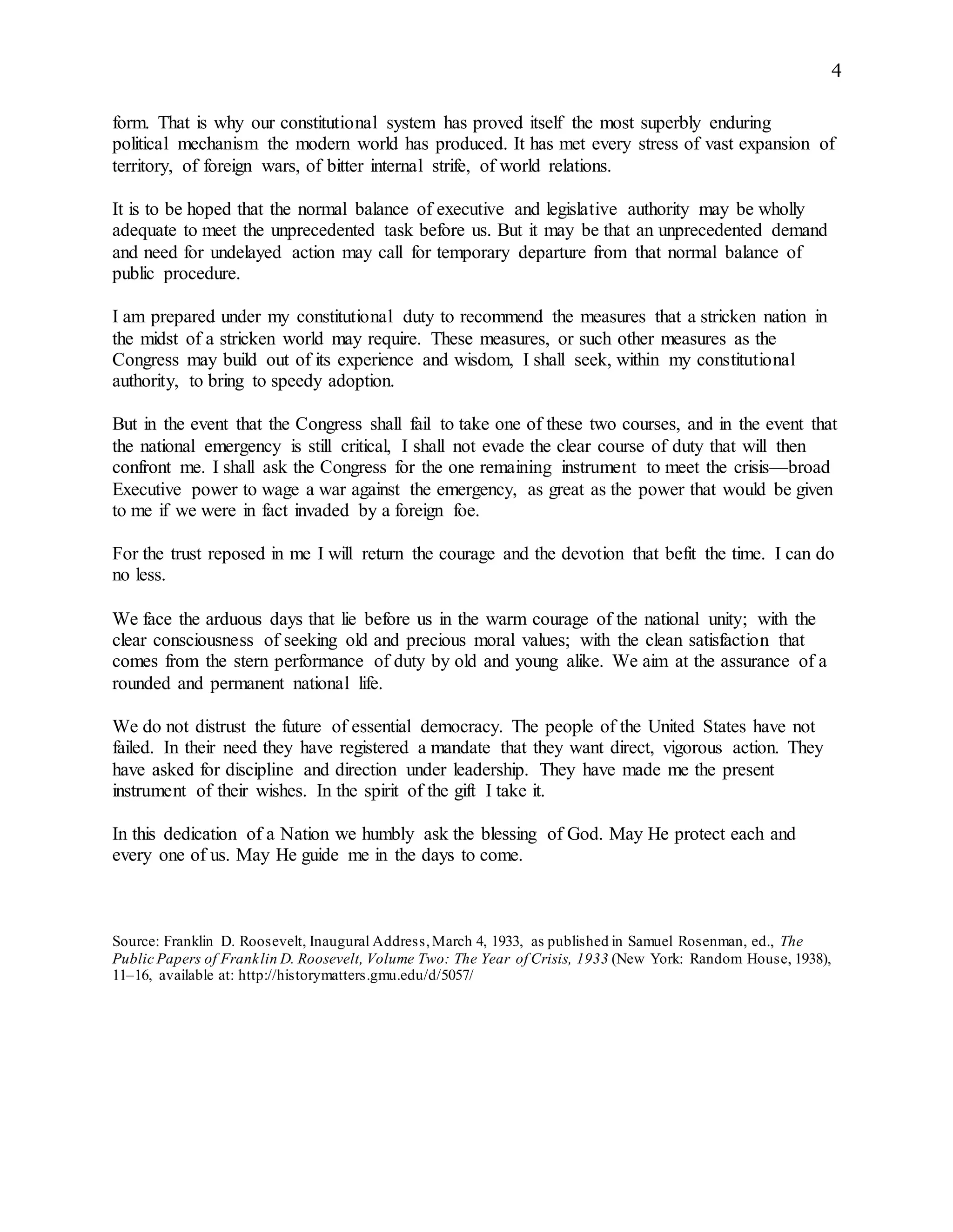 Roosevelt, first inaugural address, 1933 | DOCX