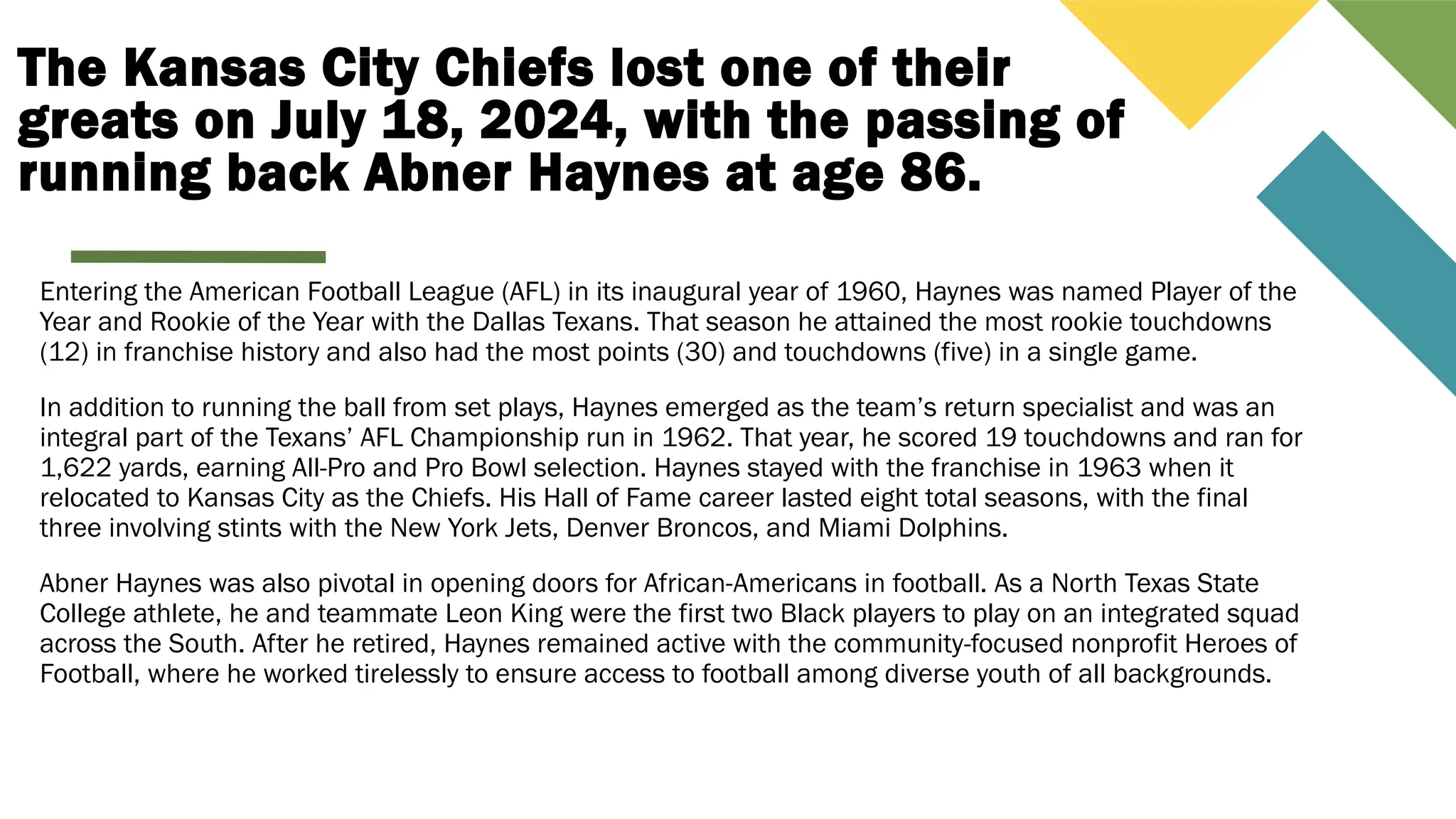 Original Kansas City Chiefs Legend Abner Haynes Passes at 86 | PPT
