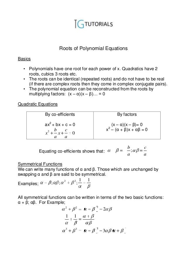 Roots of polynomial equations Roots of polynomial equations