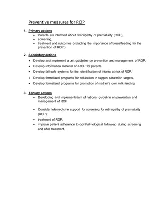 RETINOPATHY OF PREMATTURITY (ROP) PREVENTIVE MEASURES | DOCX | Eye and ...