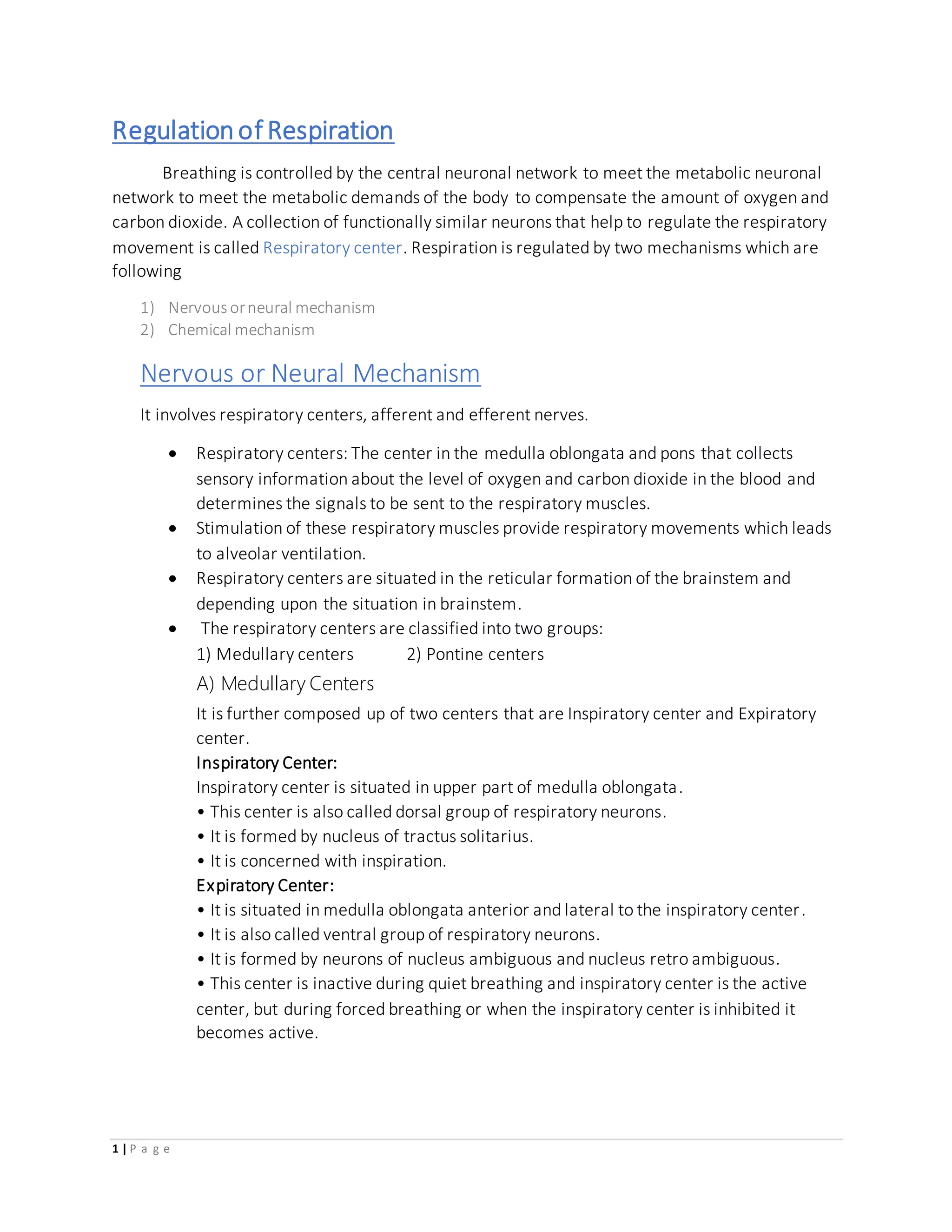 Regulation of Respiration - Animal Physiology | DOCX