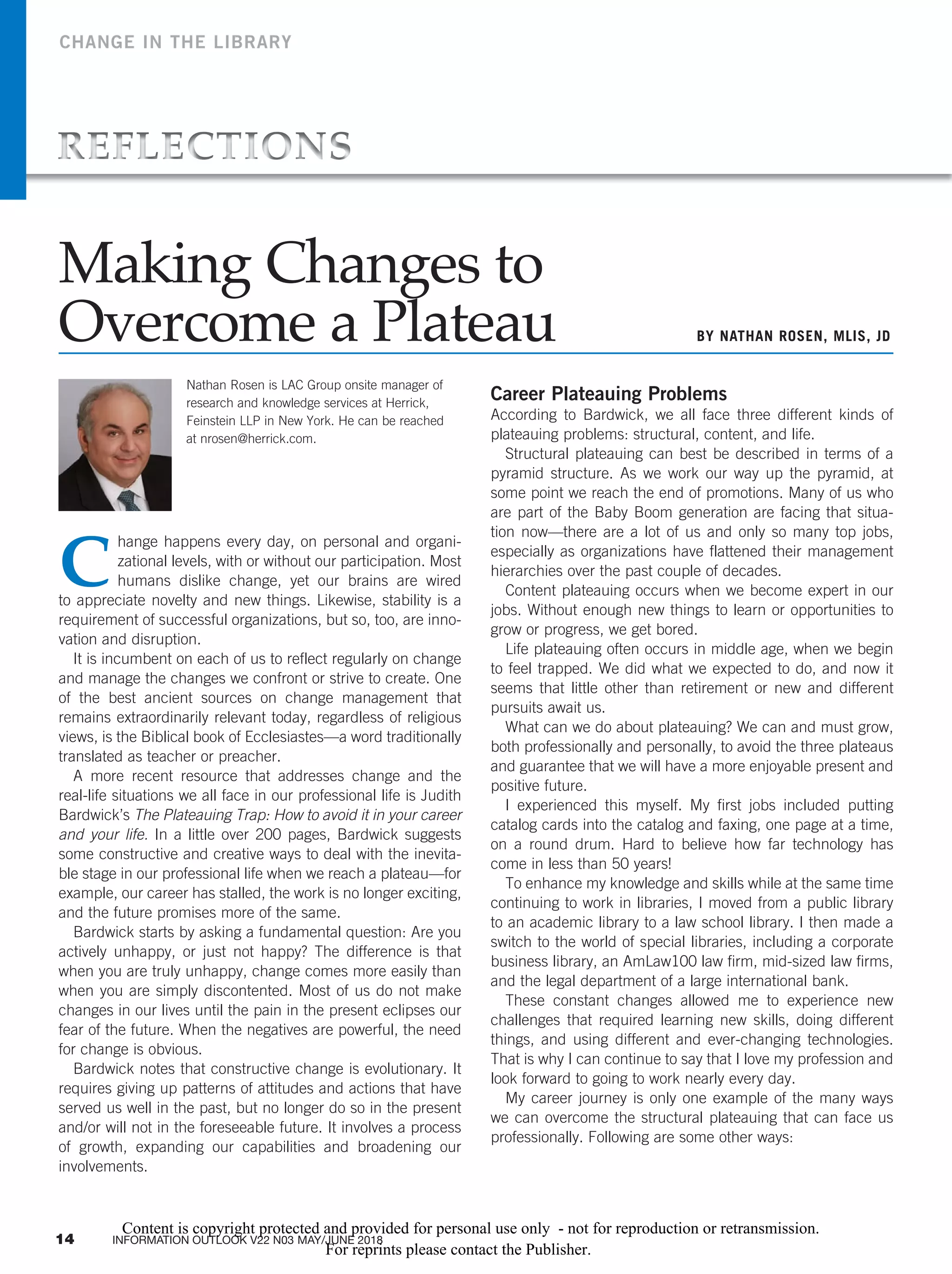 Nathan Rosen Making changes to overcome a plateau Special Libraries ...