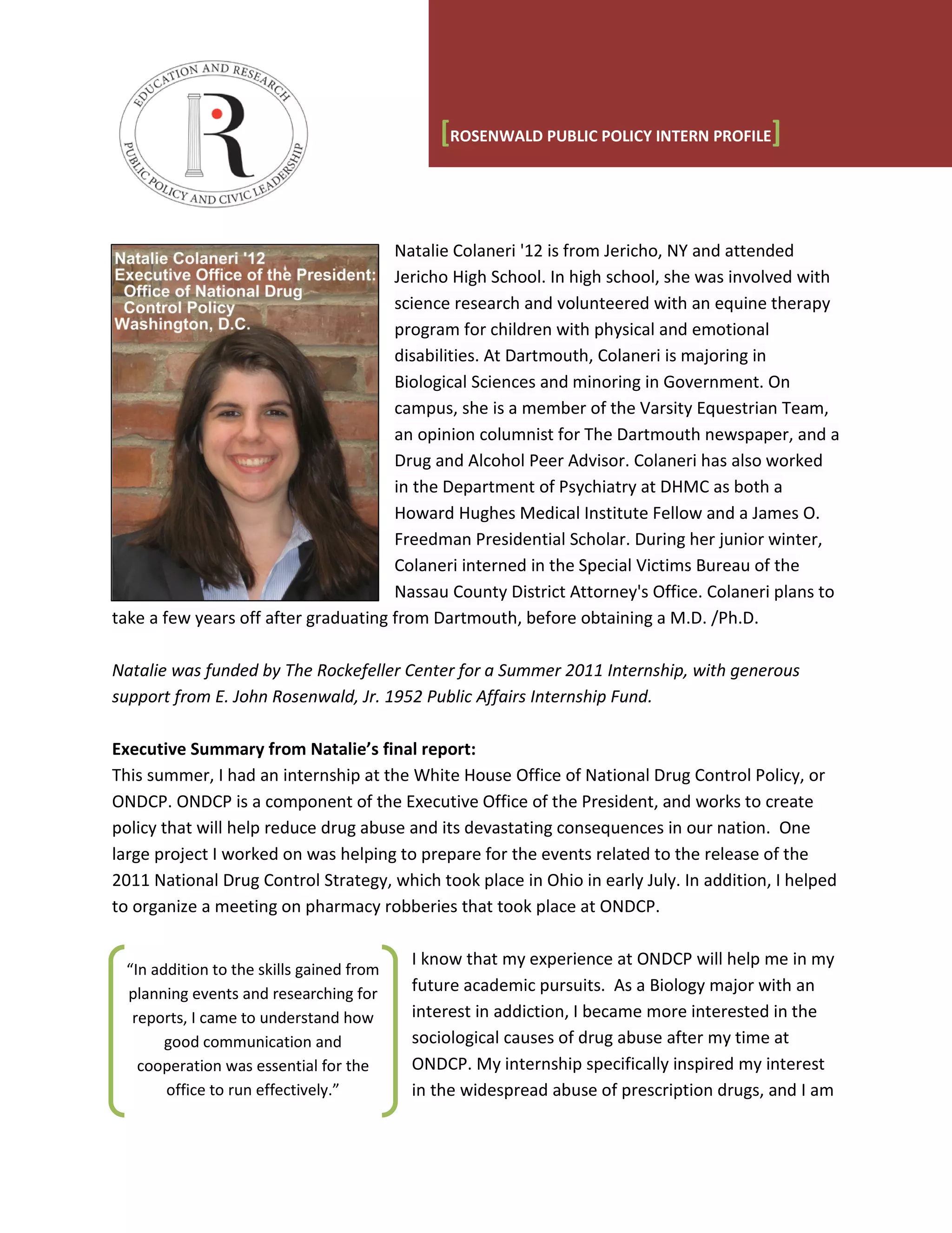 Named Internship Profile Summary - Natalie Colaneri (Rosenwald) | PDF