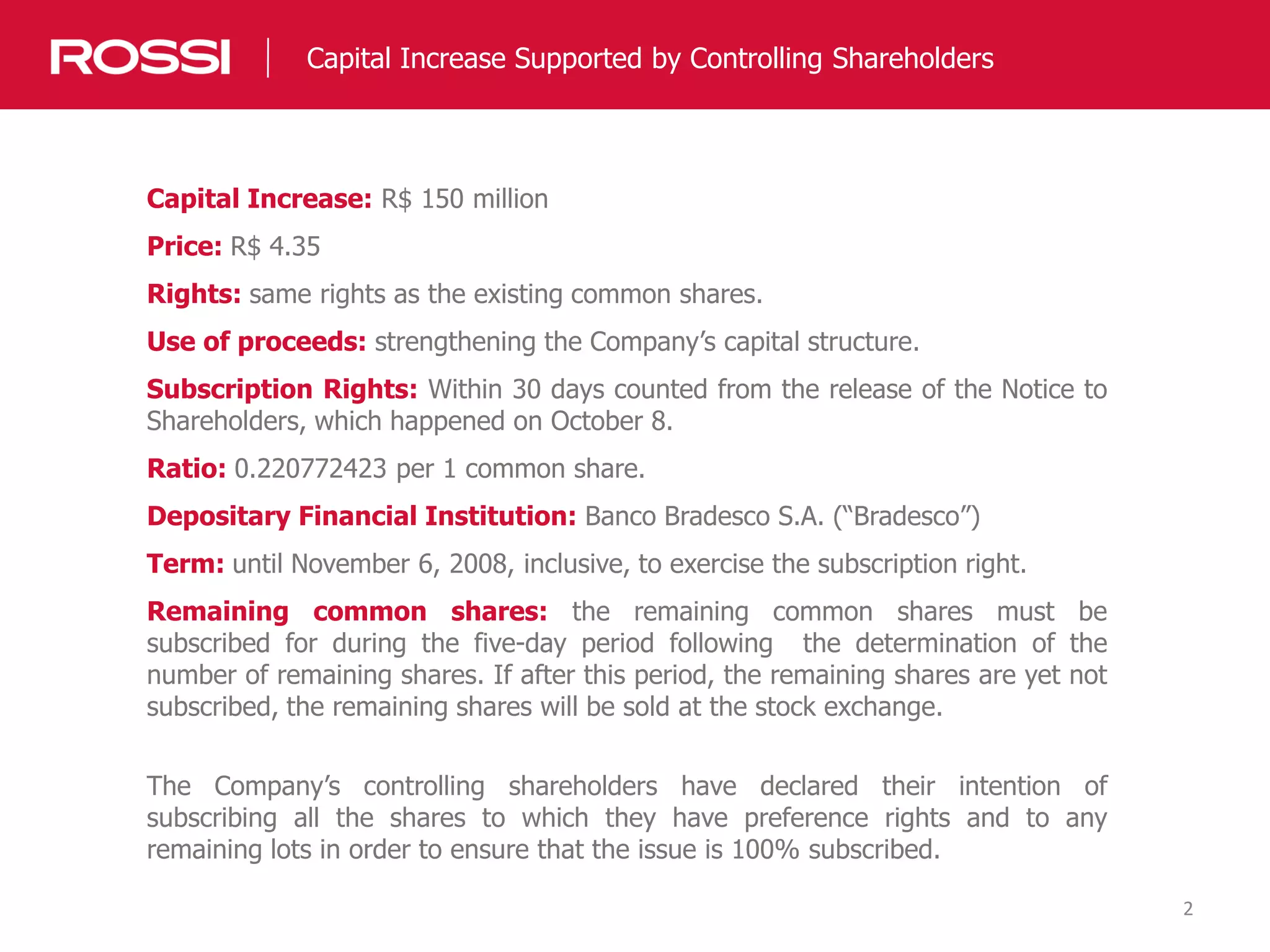 Capital Increase Supported by Controlling Shareholders Conference Call ...