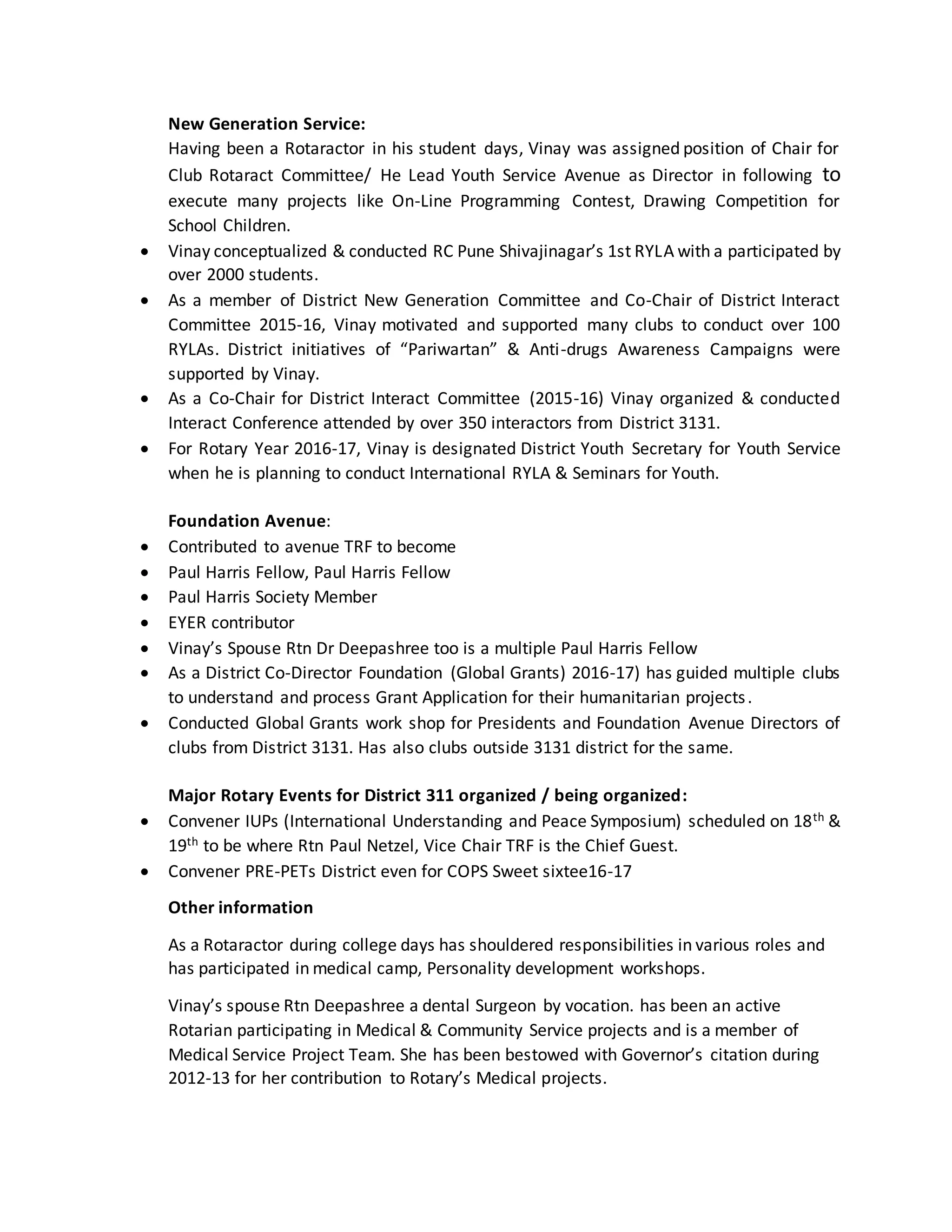 Rotary work & profile of rotarian vinay sathe | DOCX