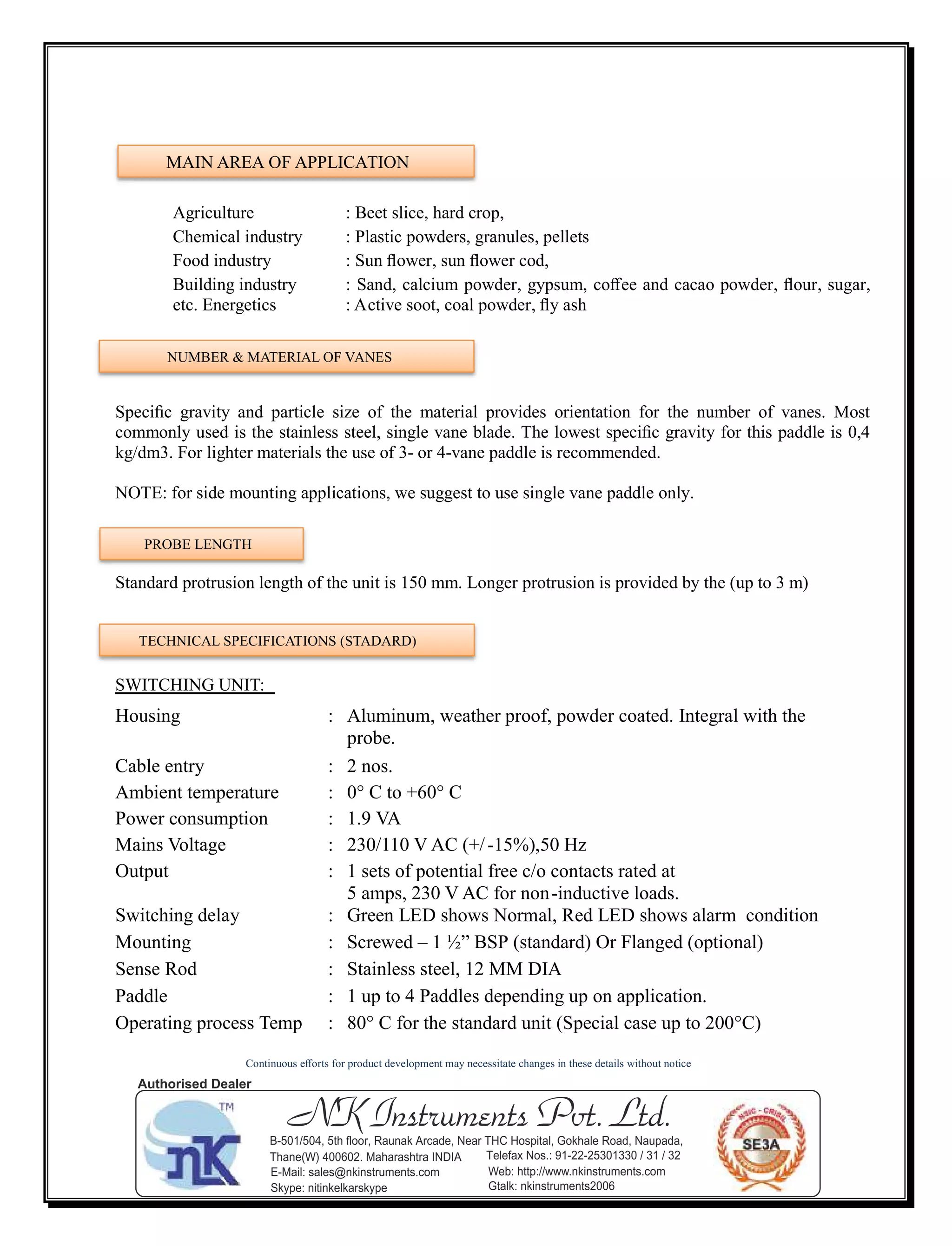 Rotating Paddle type Level Switch with Single Blade | PDF