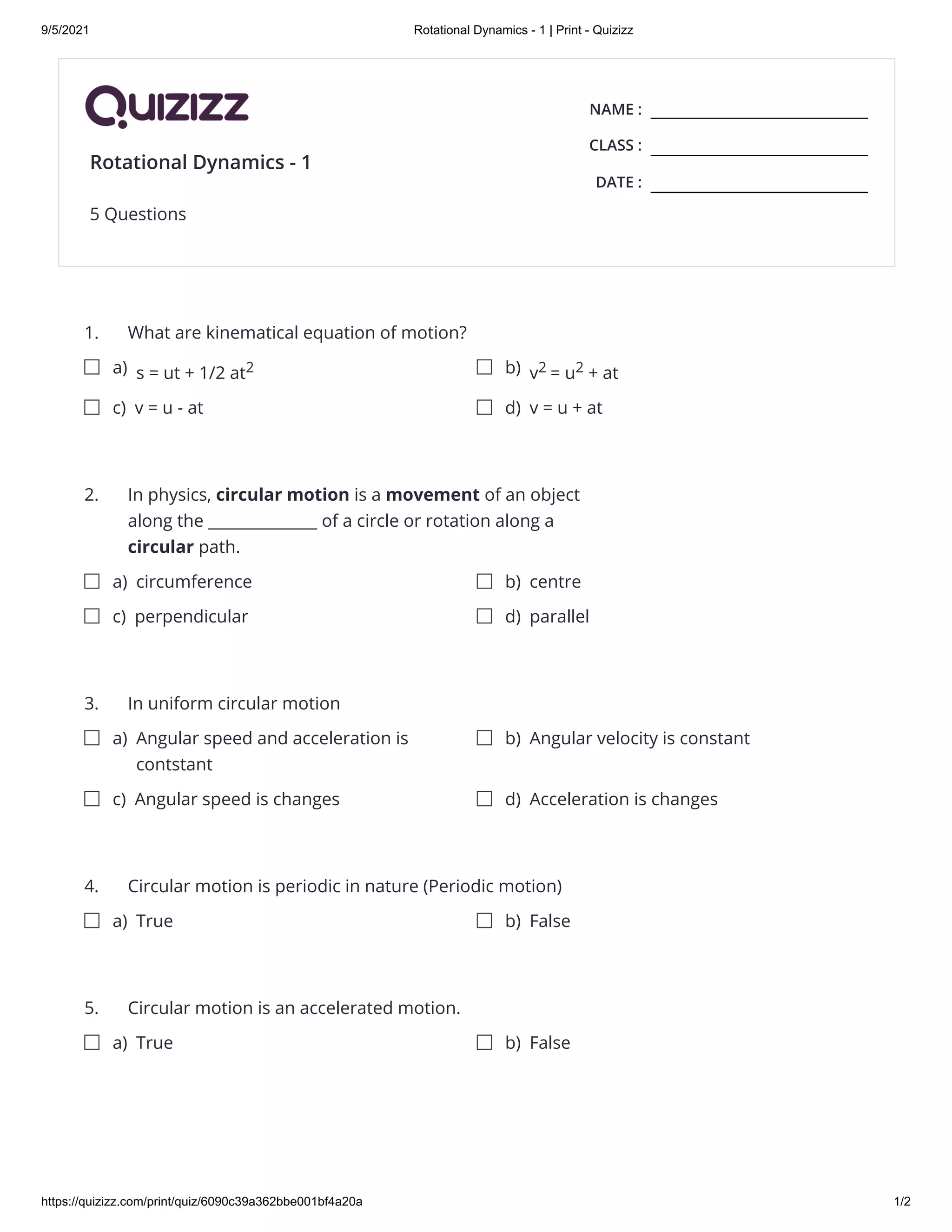Rotational dynamics 1 - quizizz | PDF | Physics | Science