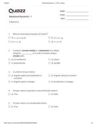 Rotational dynamics 1 - quizizz | PDF | Physics | Science