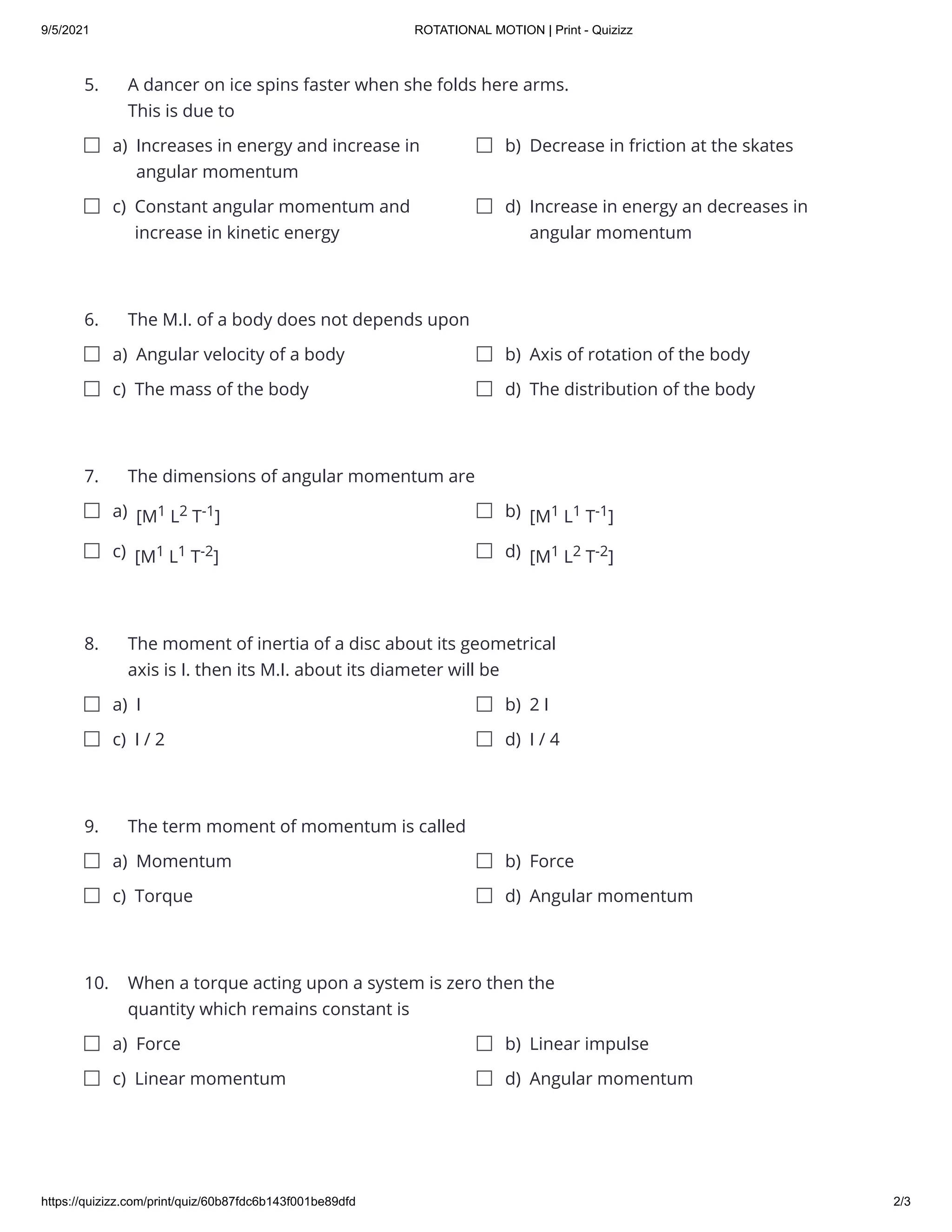 CLASS XII - CHAPTER: Rotational dynamics - quizizz | PDF