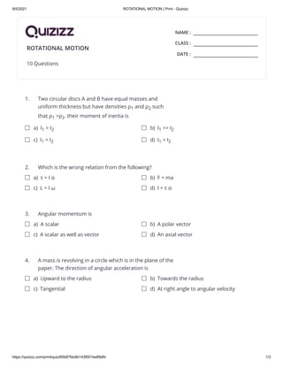 CLASS XII - CHAPTER: Rotational dynamics - quizizz | PDF