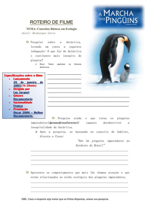 Roteiro de filme - A Marcha dos Pinguins. | PDF