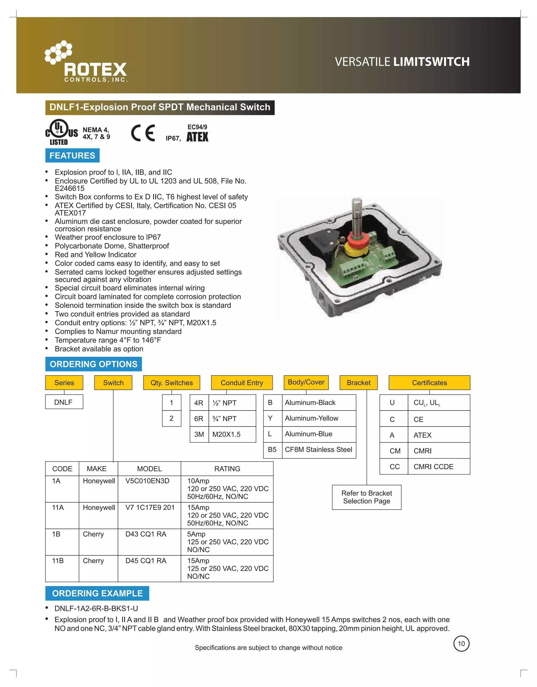 ROTEX Controls Industrial NEMA 4 and NEMA 7 Limit Switch Catalog | PDF