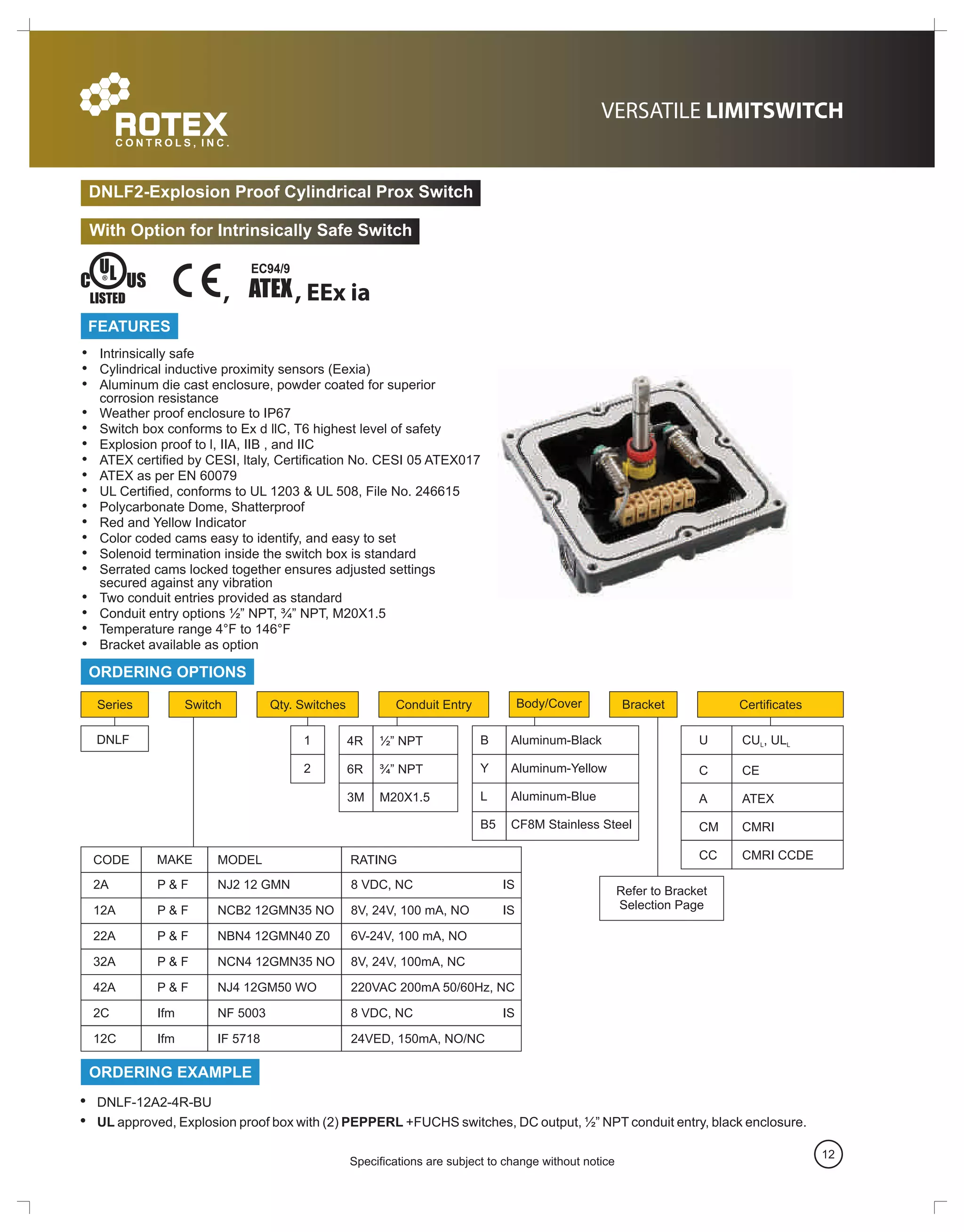 ROTEX Controls Industrial NEMA 4 and NEMA 7 Limit Switch Catalog | PDF