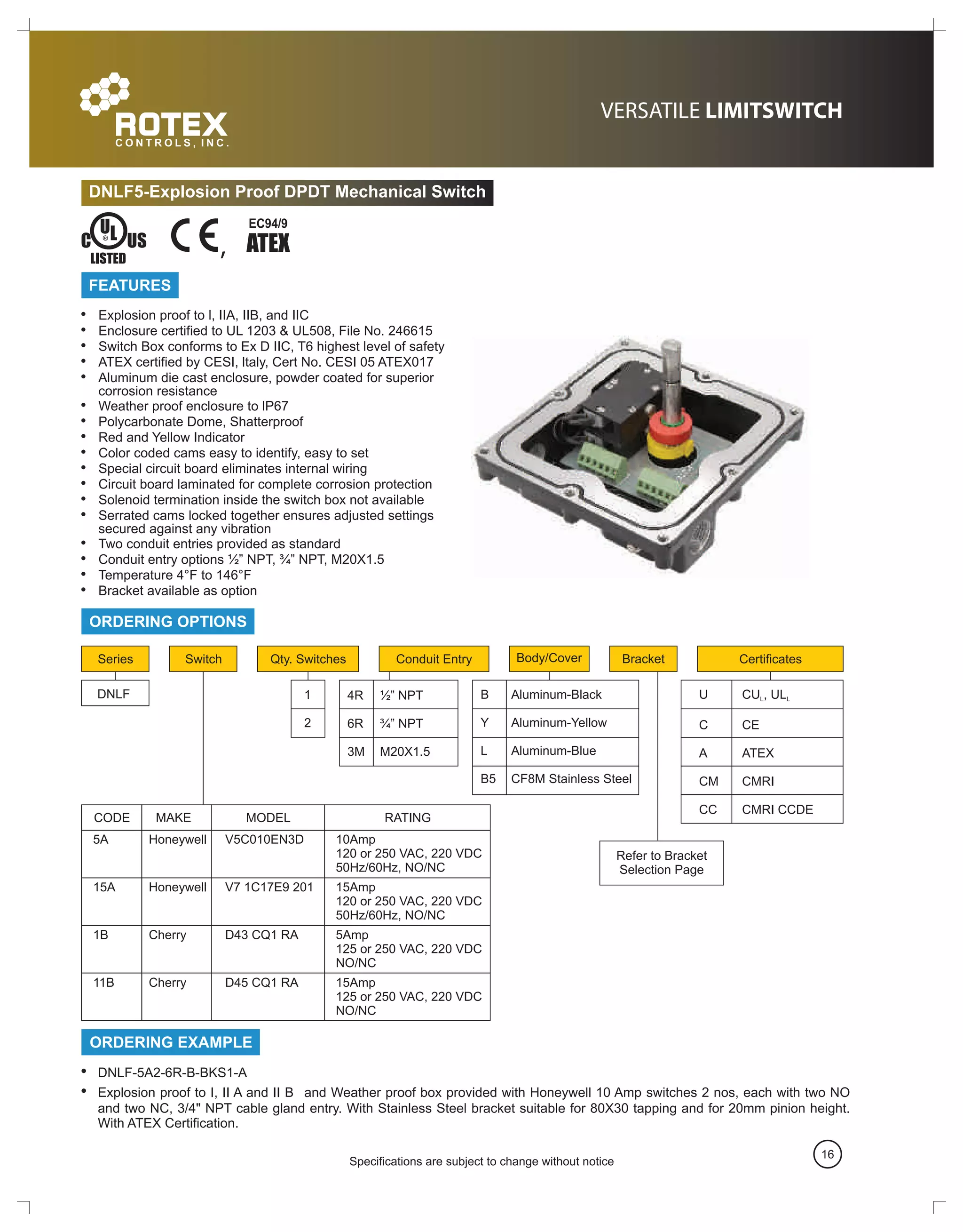 ROTEX Controls Industrial NEMA 4 and NEMA 7 Limit Switch Catalog | PDF
