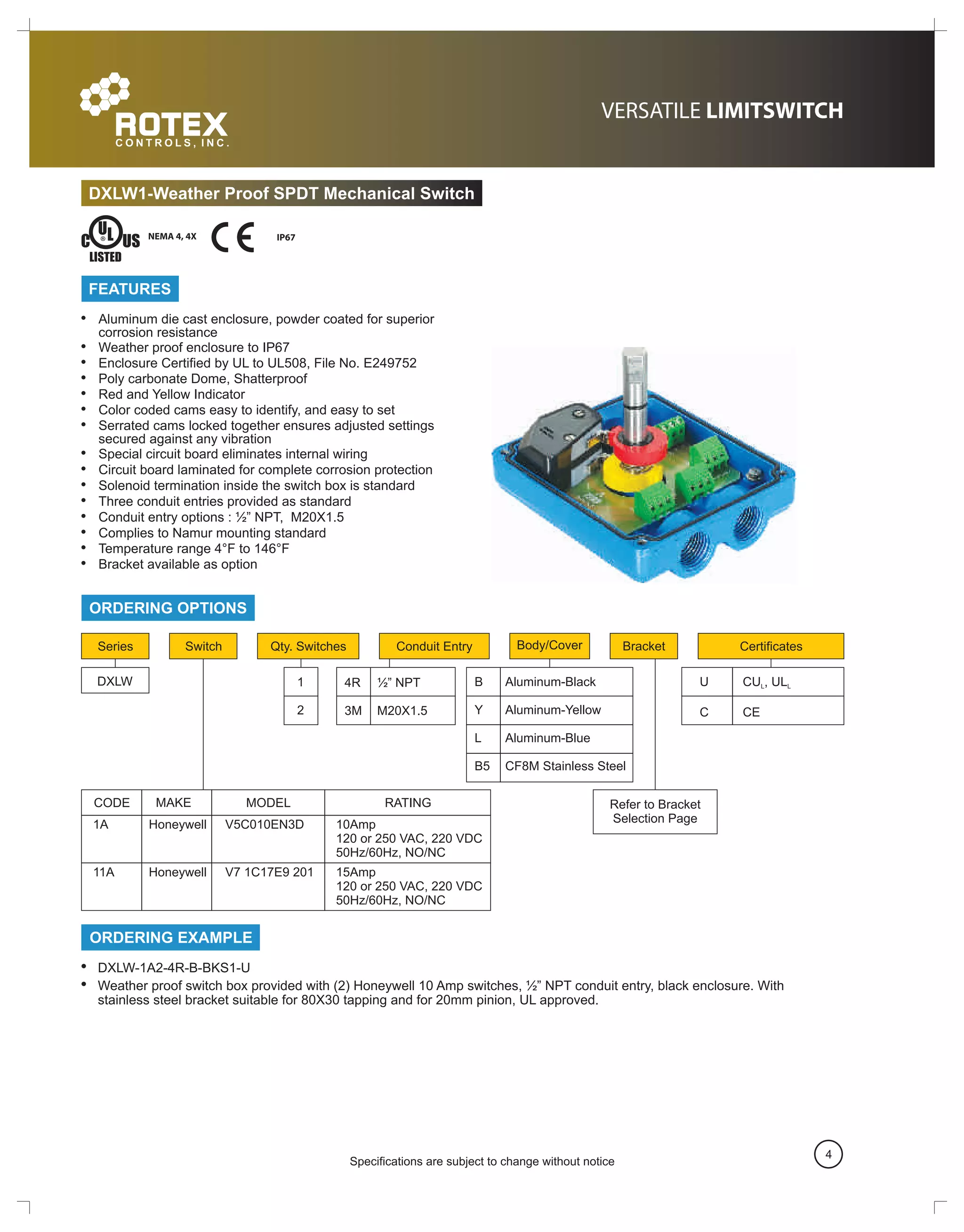 ROTEX Controls Industrial NEMA 4 and NEMA 7 Limit Switch Catalog | PDF ...